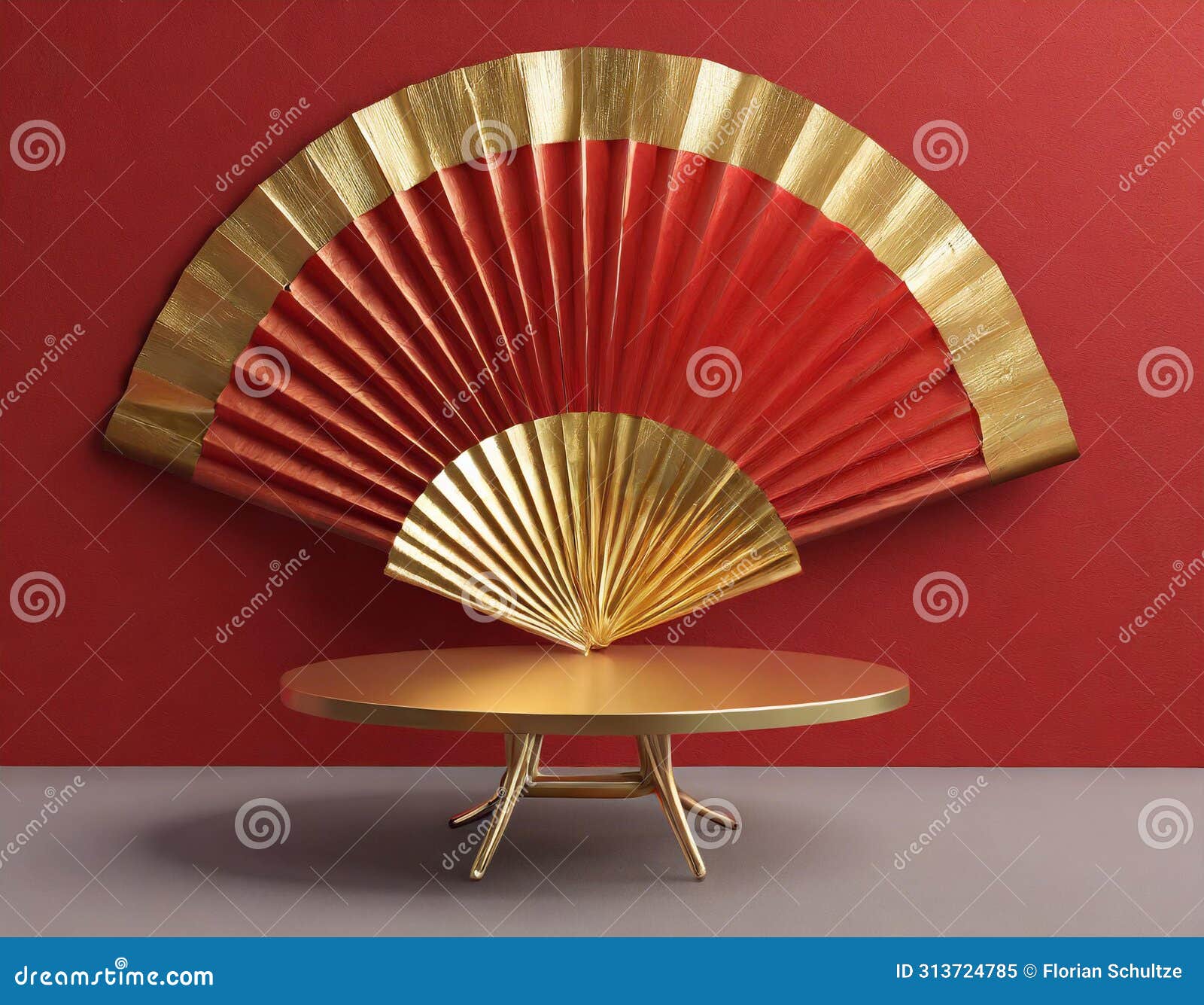 3d Red Background Gold Fan, Round Table, Minimalist Background, Simple ...