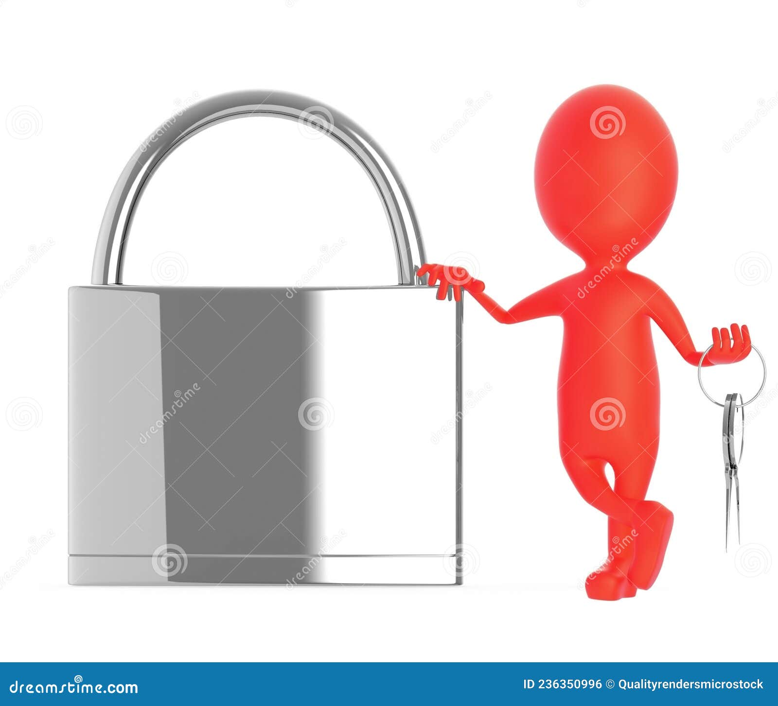 3d Red Character Leaning His Hand Over a Lock and Holding Keys on His ...