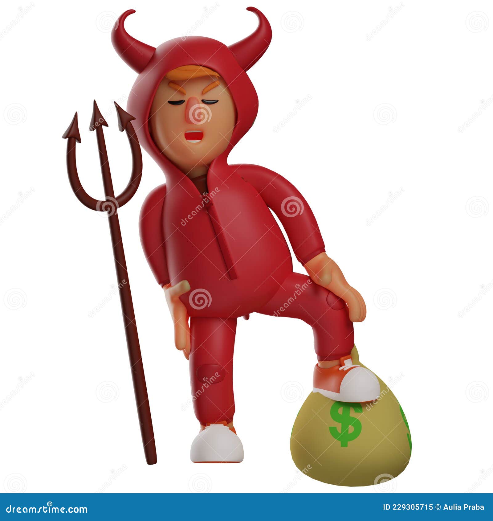 3D Red Devil Cartoon Design Stands Sideways with a Sack of Money Stock ...