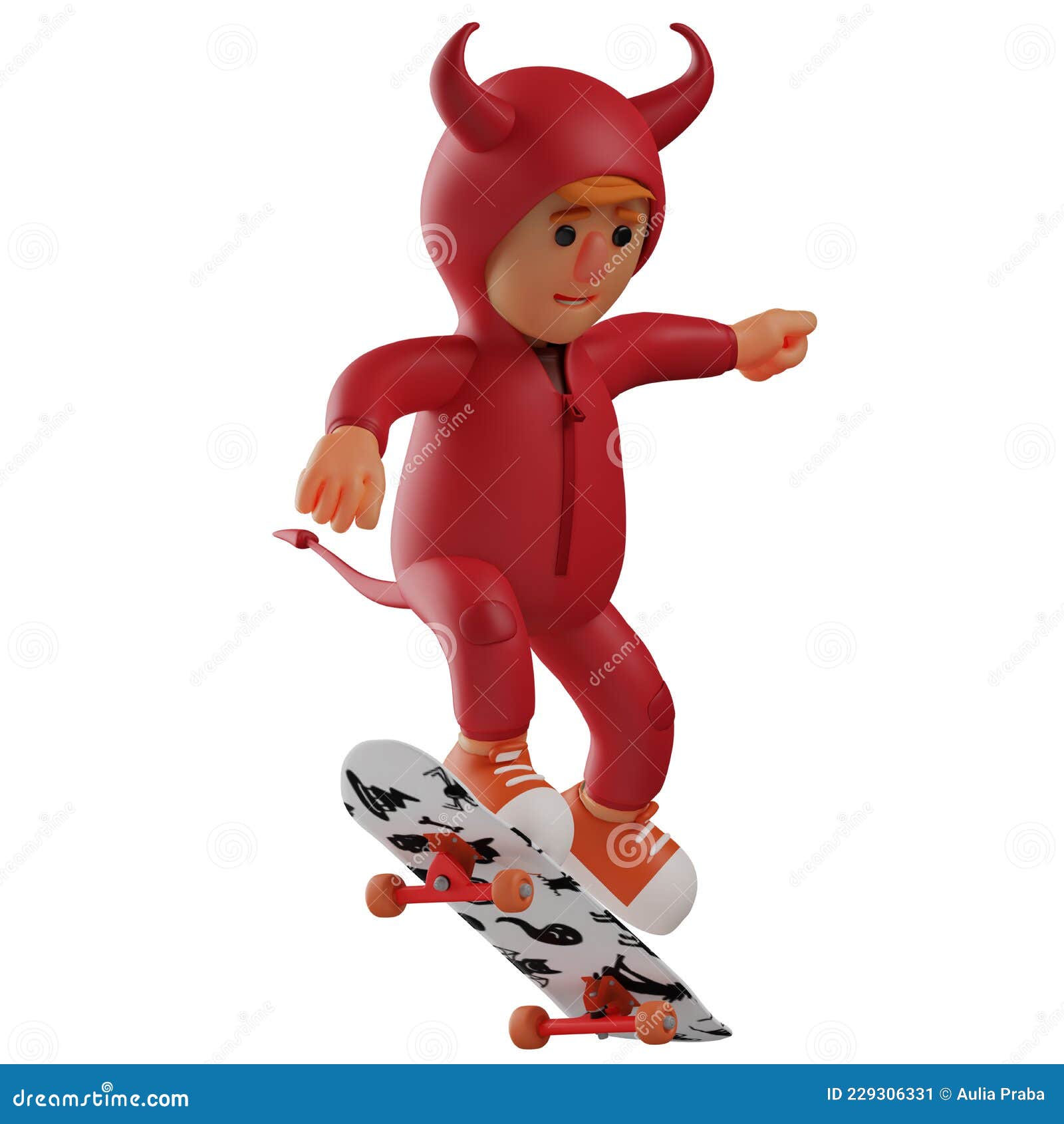 3D Red Devil Cartoon Illustration Playing a Skateboard Stock ...