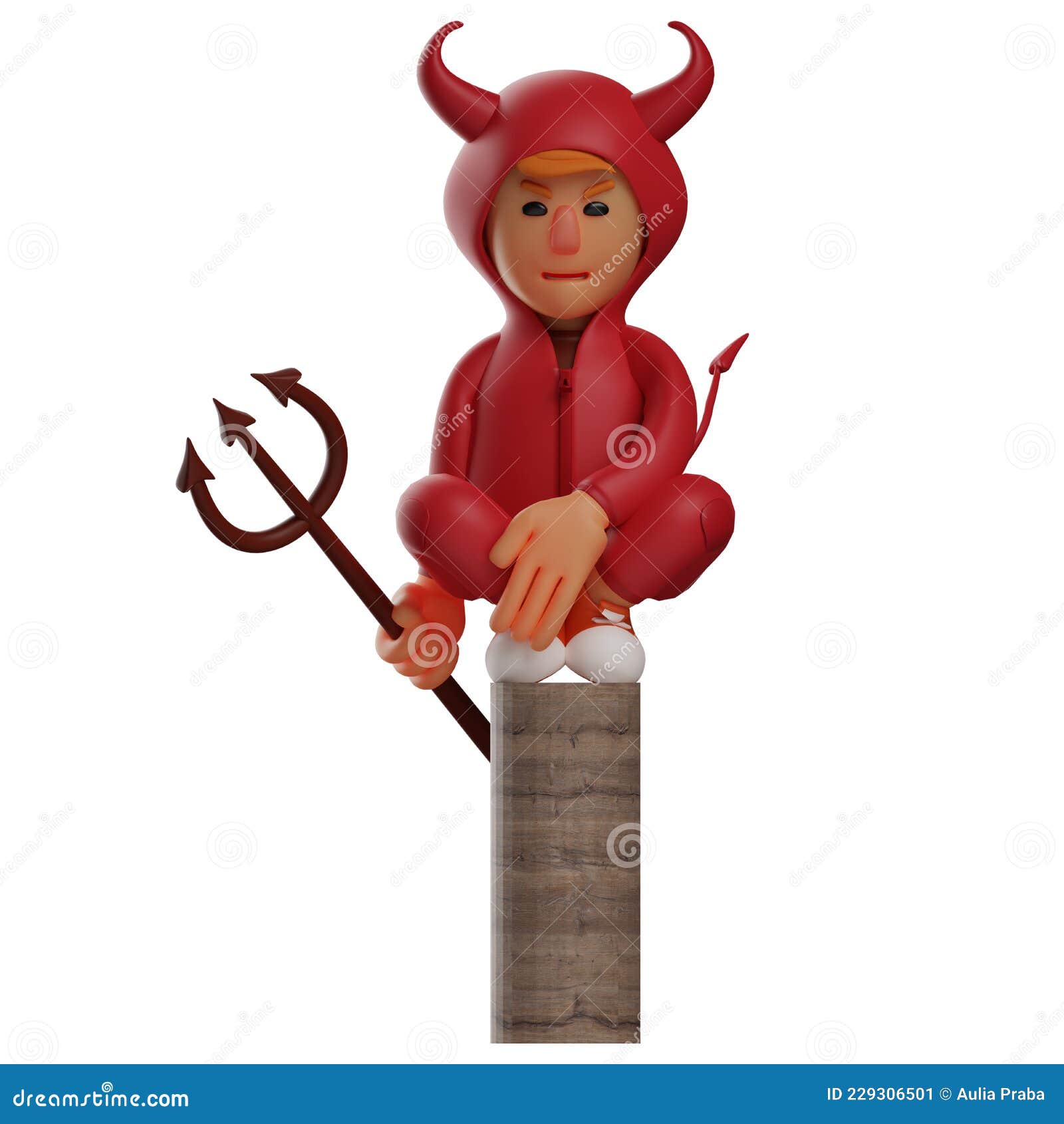 3D Red Devil Cartoon Illustration Sitting on a Piece of Wood Stock ...