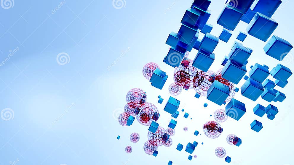 3d Red Particle Simulation of Blue Cube Sci-fi Shape in Free Space ...