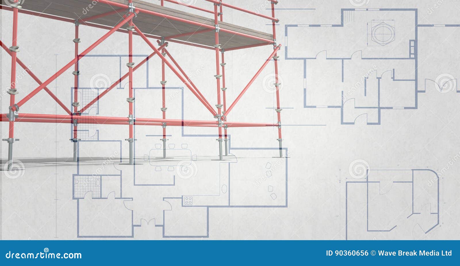 3D Red Scaffolding with Soft Grey and Blueprint Background Stock ...