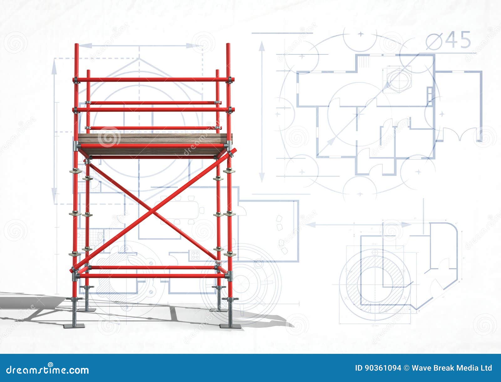 3D Red Scaffolding with White and Blueprint Background Stock ...