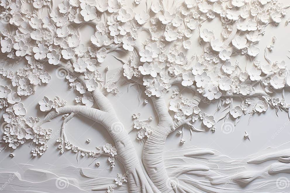 3D Relief White Tree Wallpaper Mural Wall. Generative AI Stock Illustration - Illustration of ...