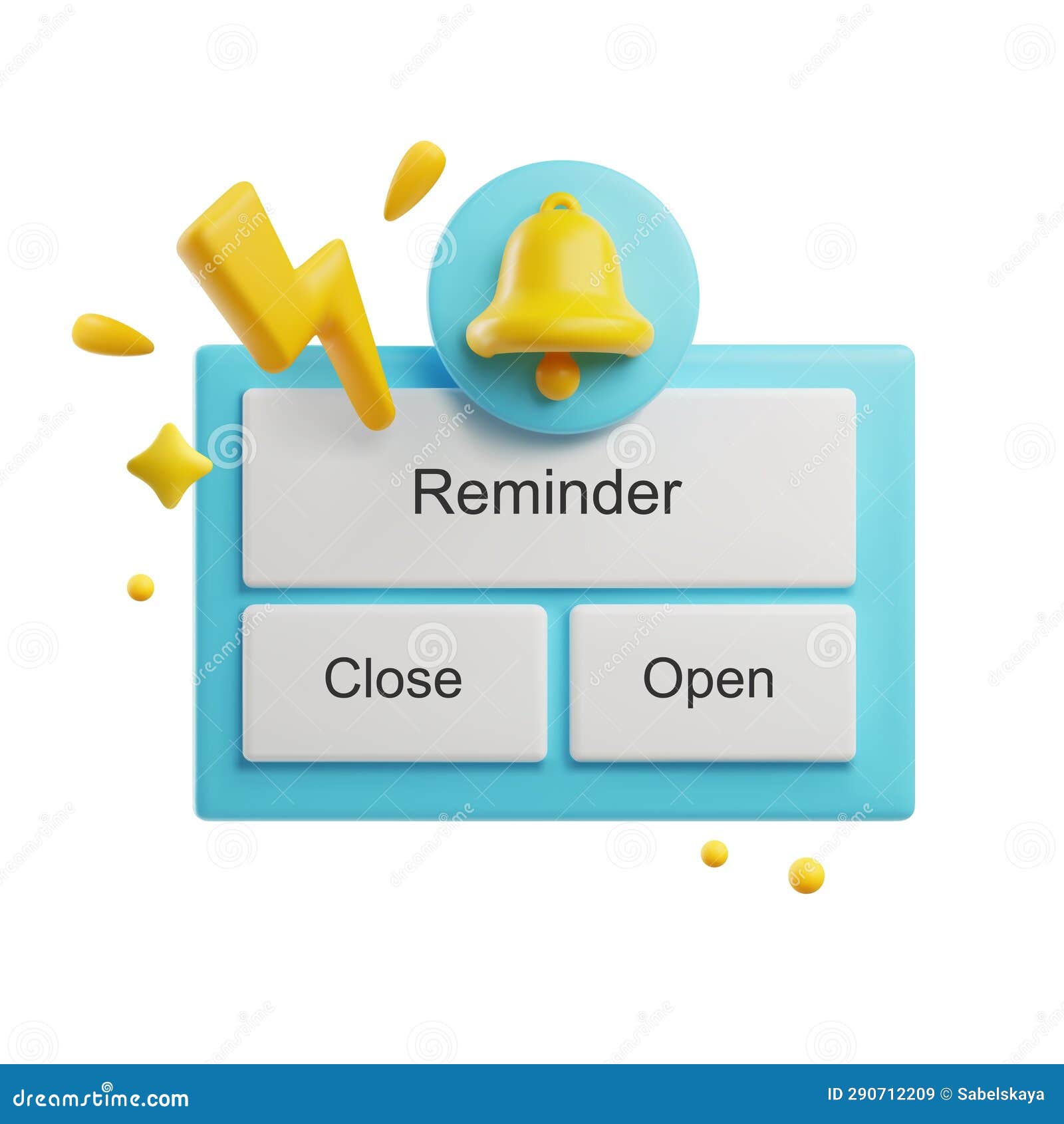 3D Rendering Reminder Notifications Page with Buttons, Flash Lightning ...