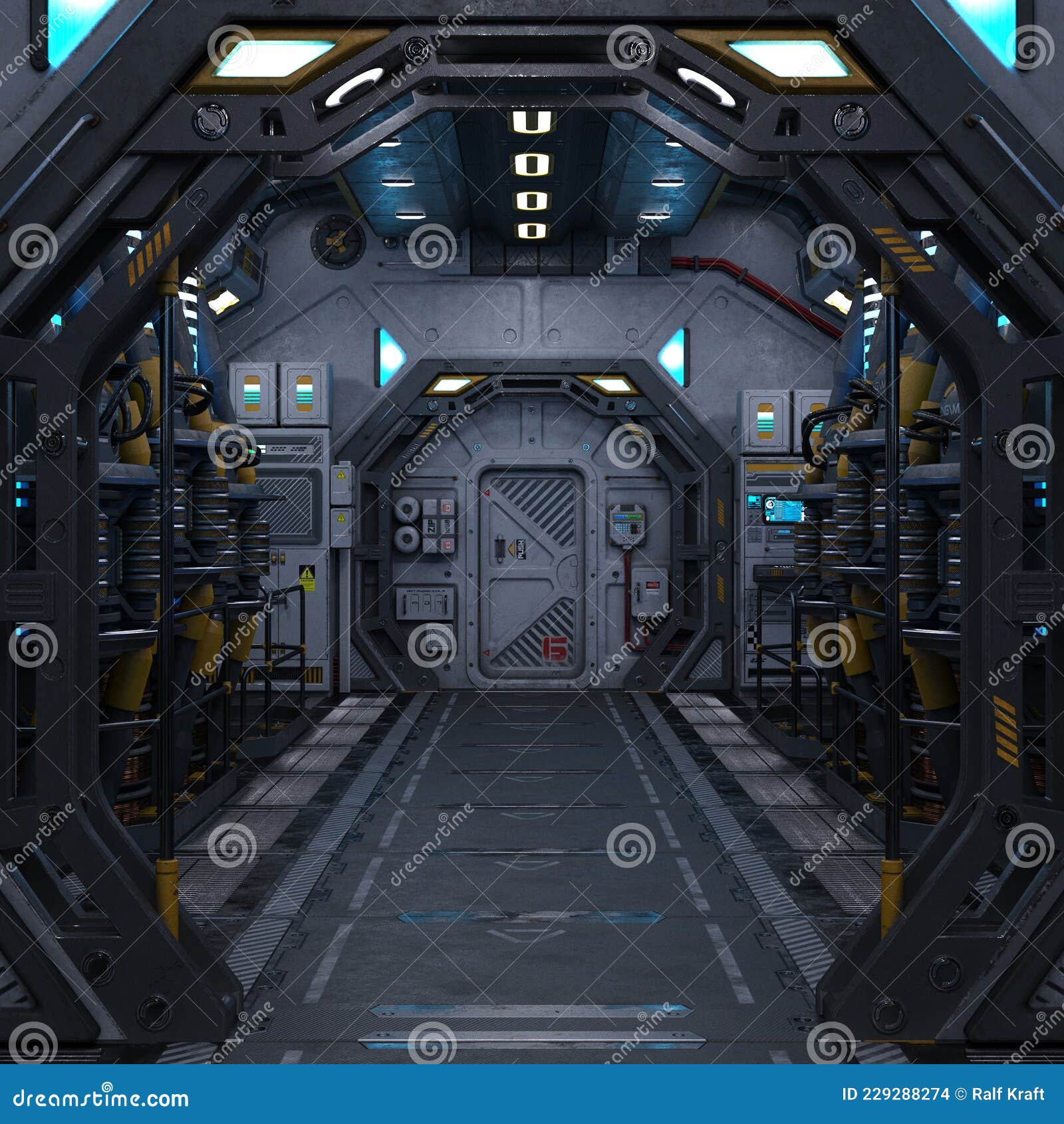 3D-illustration of a Large Corridor in a Science Fiction Starship Stock ...