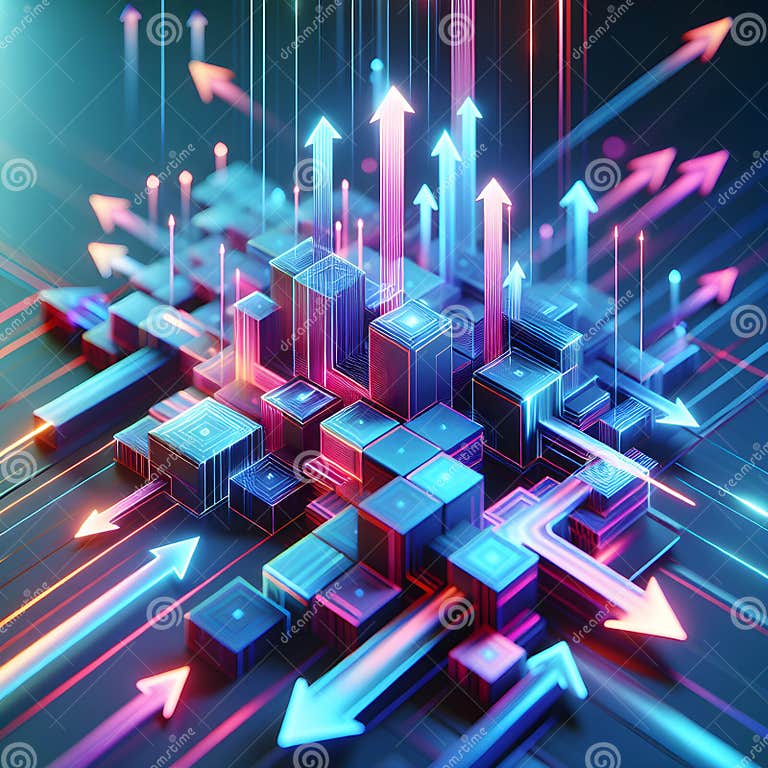 3d Render, Abstract Background with Arrows and Cubes, Digital Technology Stock Illustration ...
