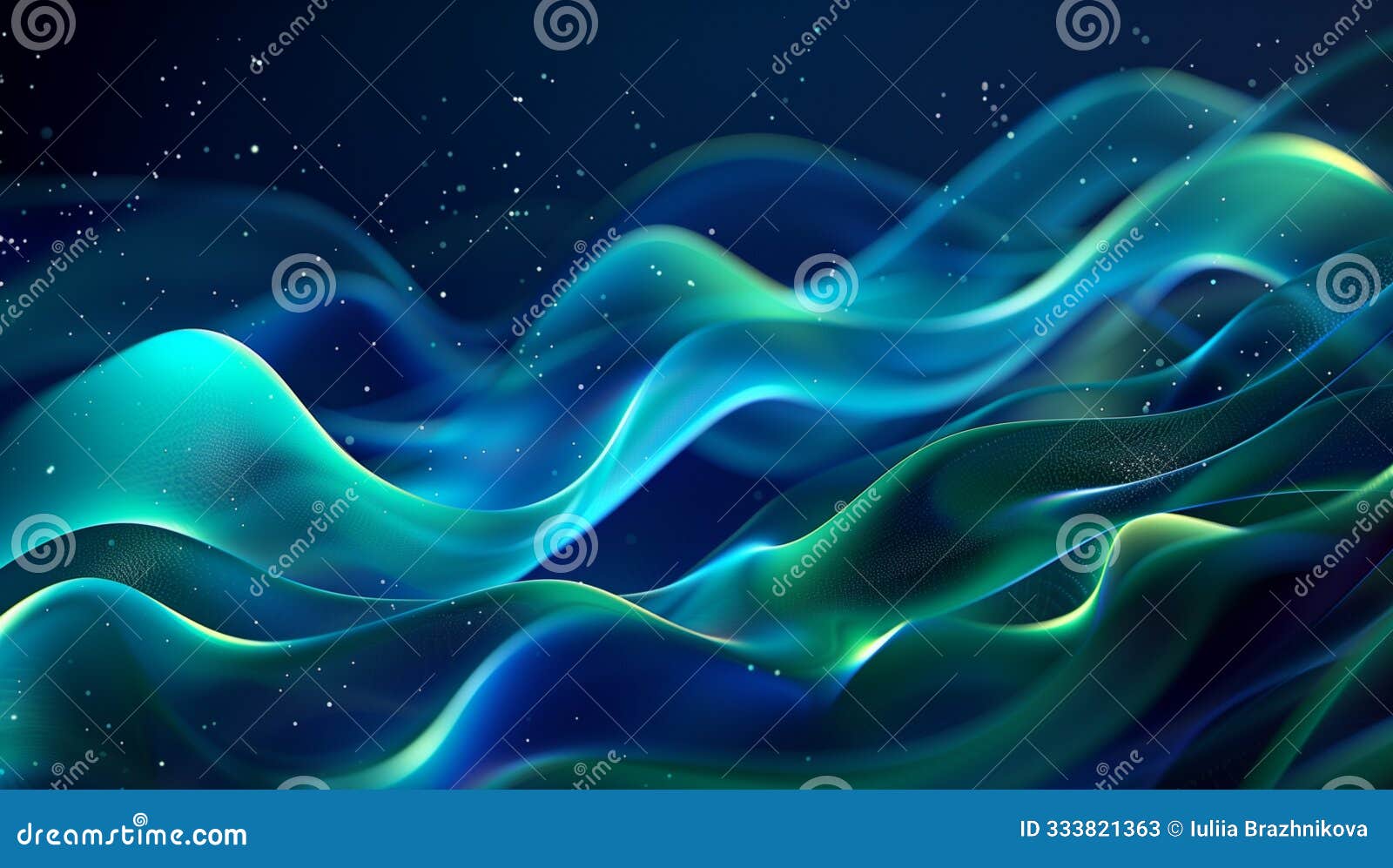 3D Render of an Abstract Background with Blue and Green Waves on a Dark ...