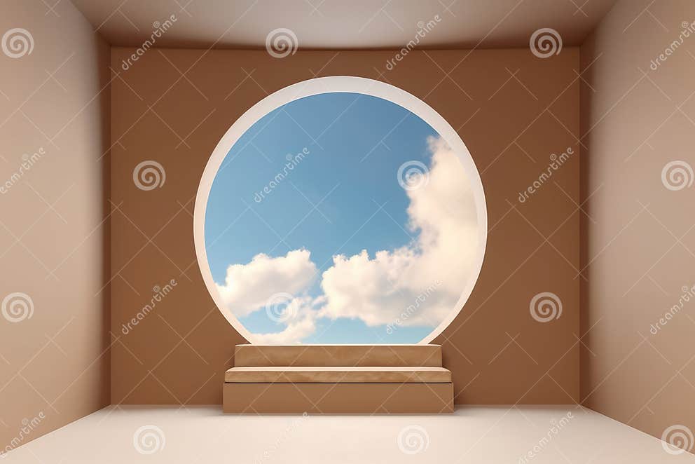 3d Render Abstract Background with Blue Sky Inside the Window, Brown ...