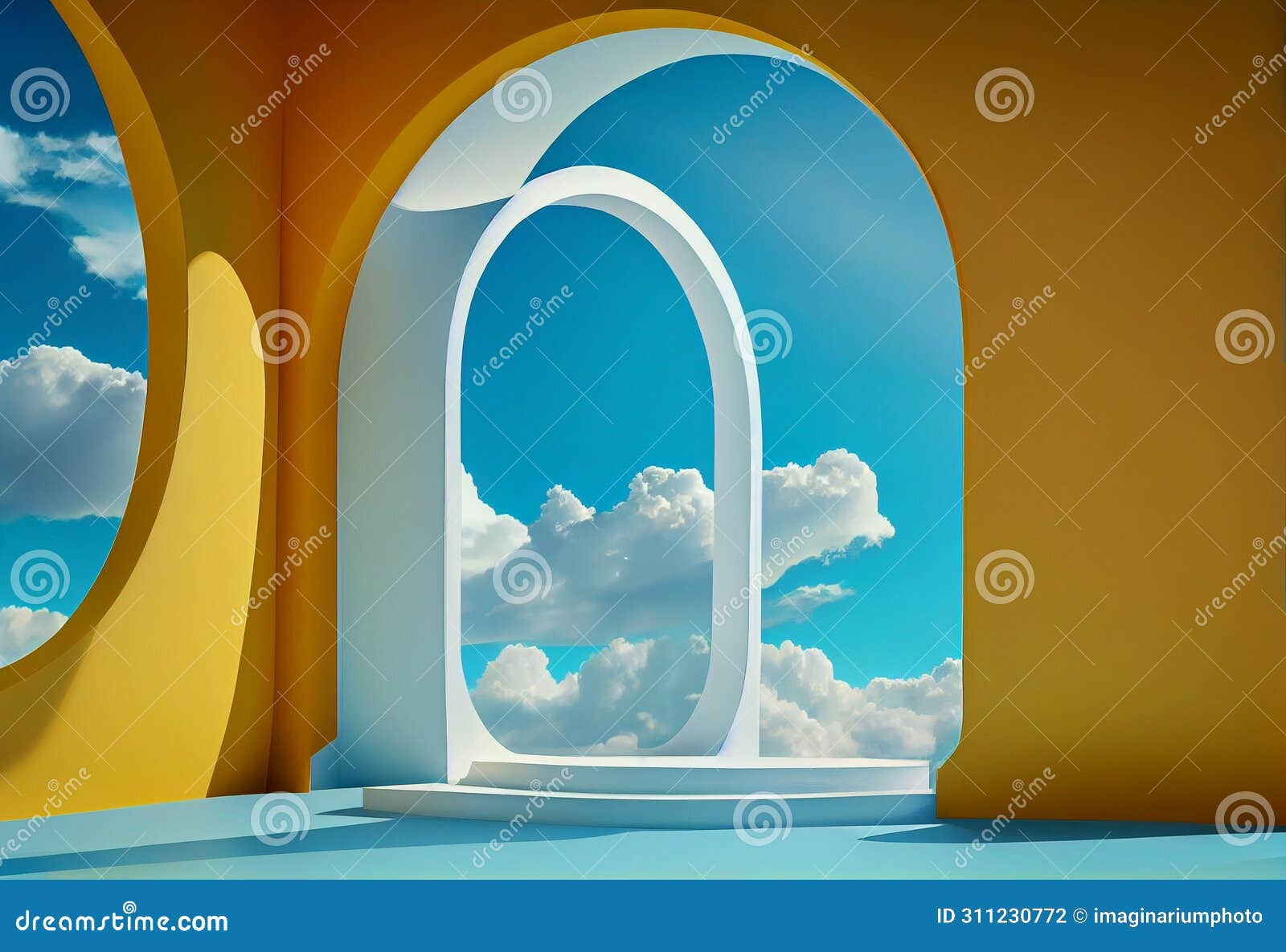 A 3D Render of an Abstract Background with Clouds Inside Arch Windows ...