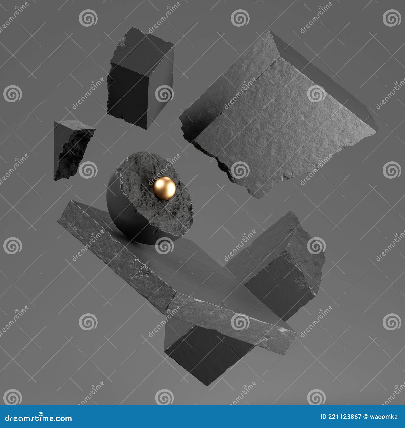 3d Render, Abstract Background with Concrete Stone Ruins and Broken ...