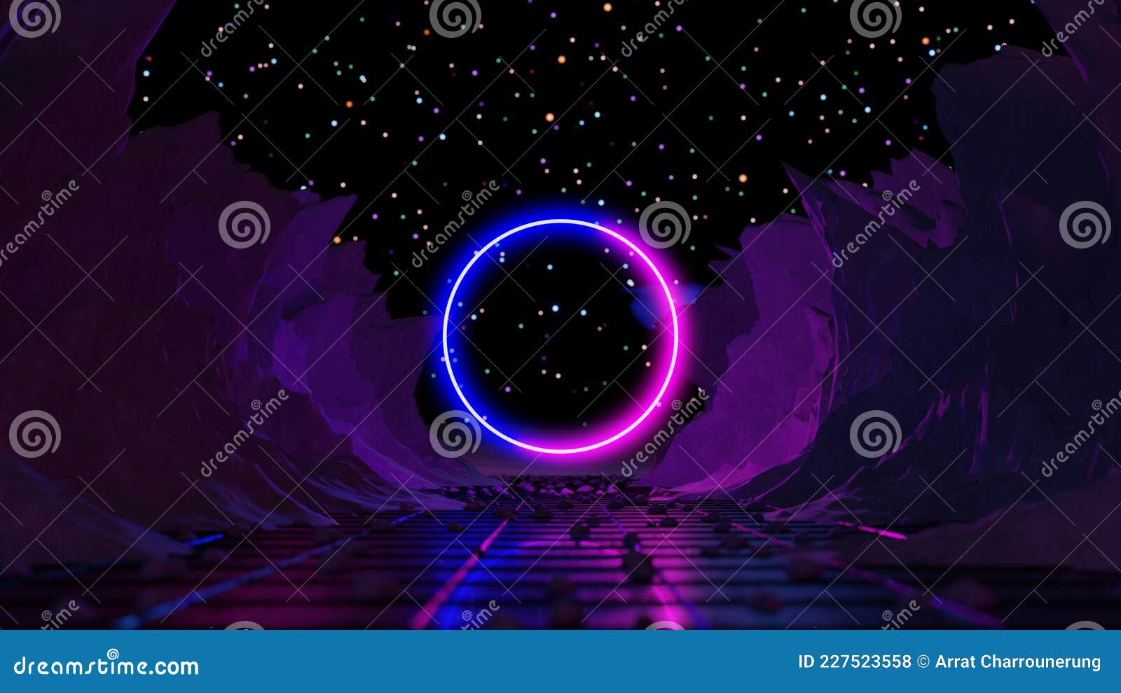 3d Render, Abstract Background, Cosmic Landscape, Rectangular Portal ...