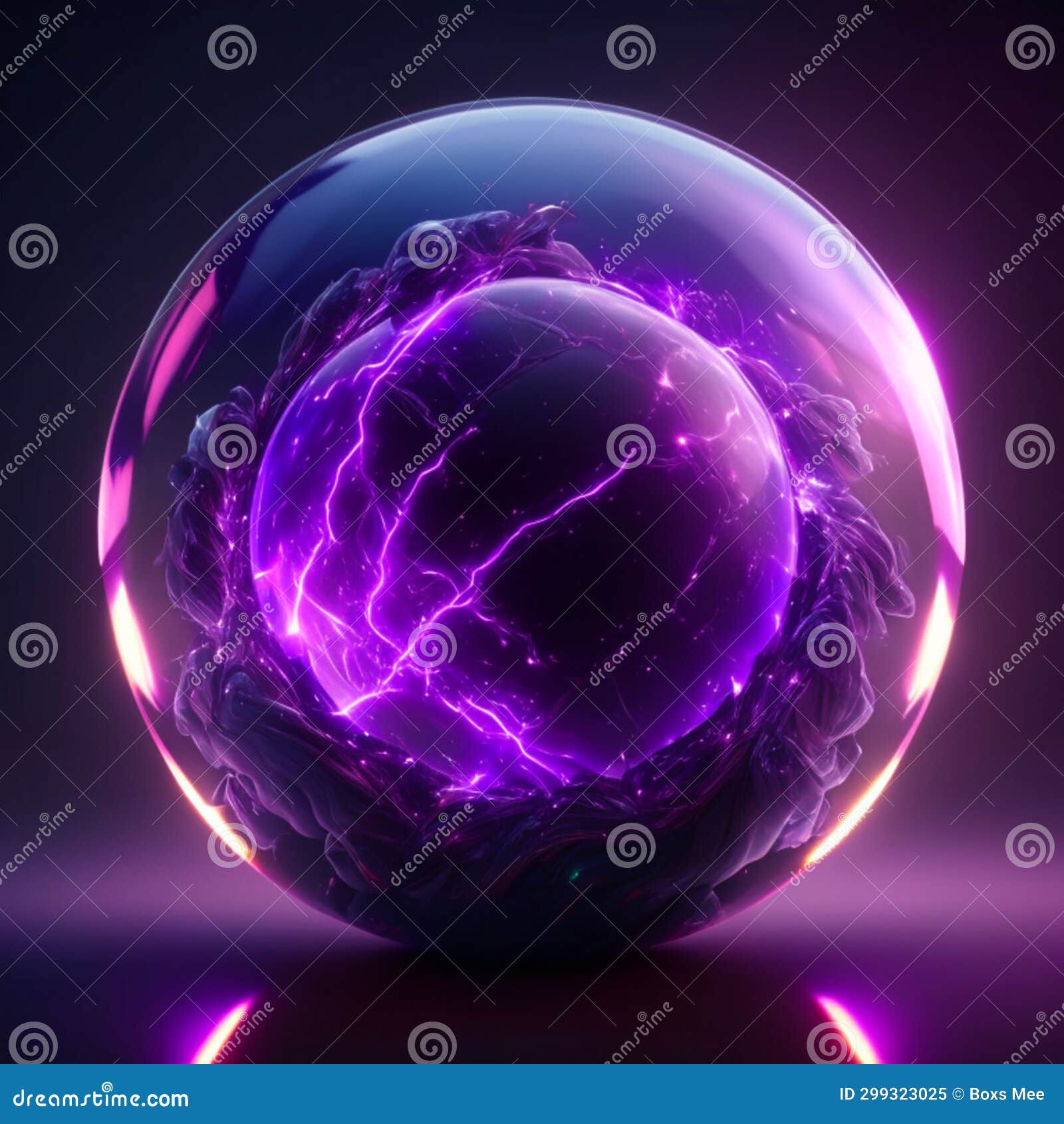 3d Render, Abstract Background, Crystal Ball with Lightning, Neon Light ...