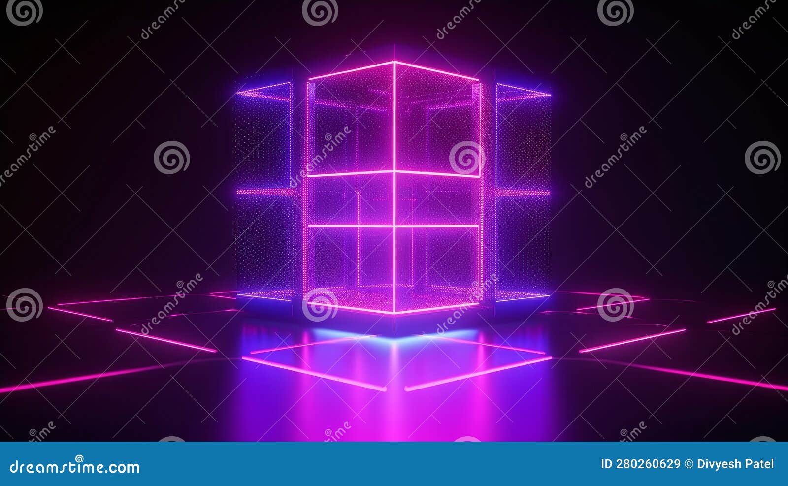 3d Render, Abstract Background with Cubic Box and Bright Neon Light ...
