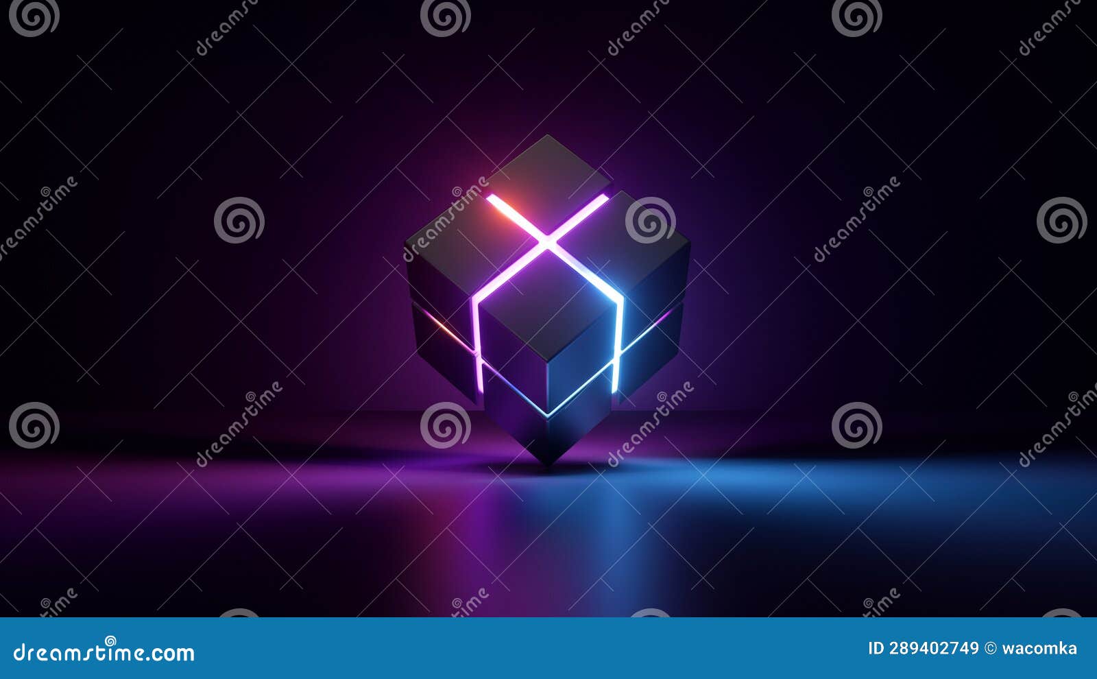 3d Render, Abstract Background of Cubic Box with Glowing Neon Lines ...