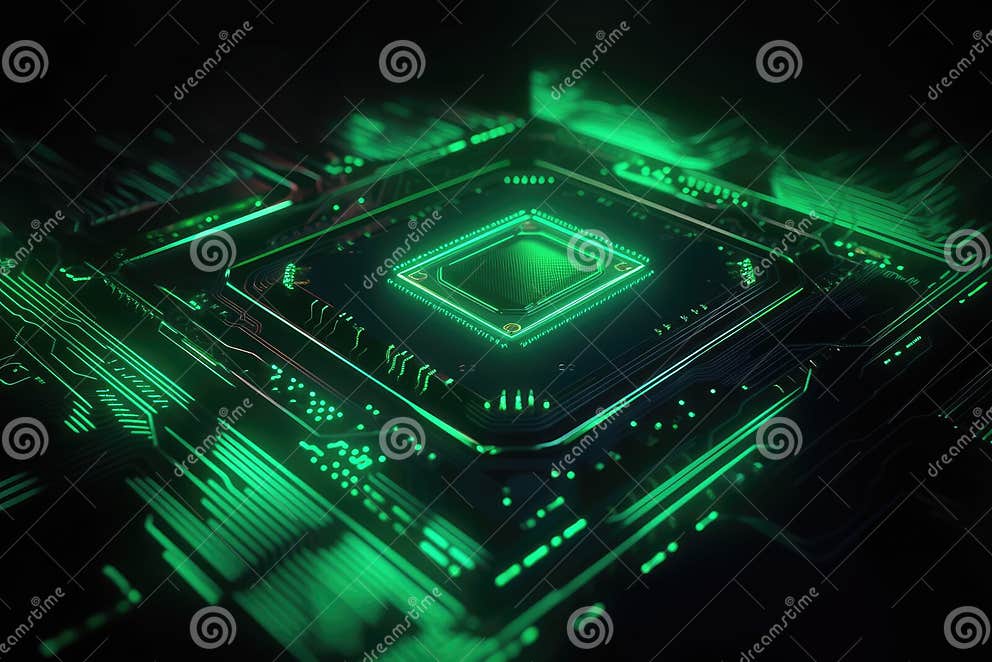 3d Render Abstract Background with Green Microchip Glowing with Copy ...