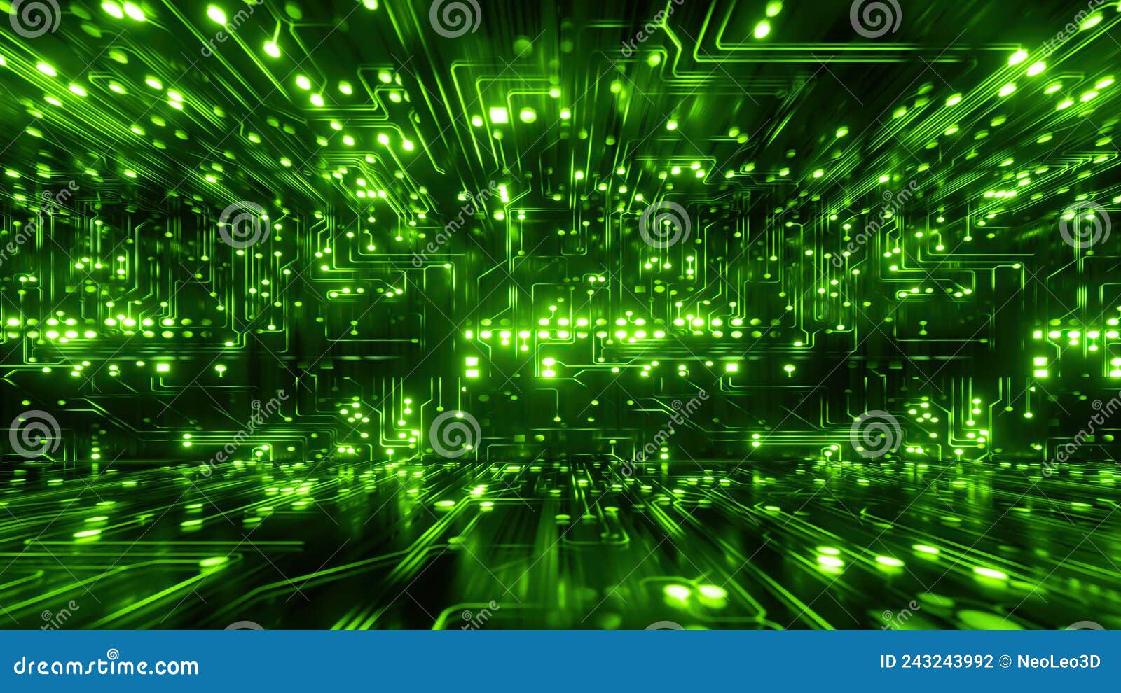 3d Render, Abstract Background with Microchip Glowing with Green Neon ...