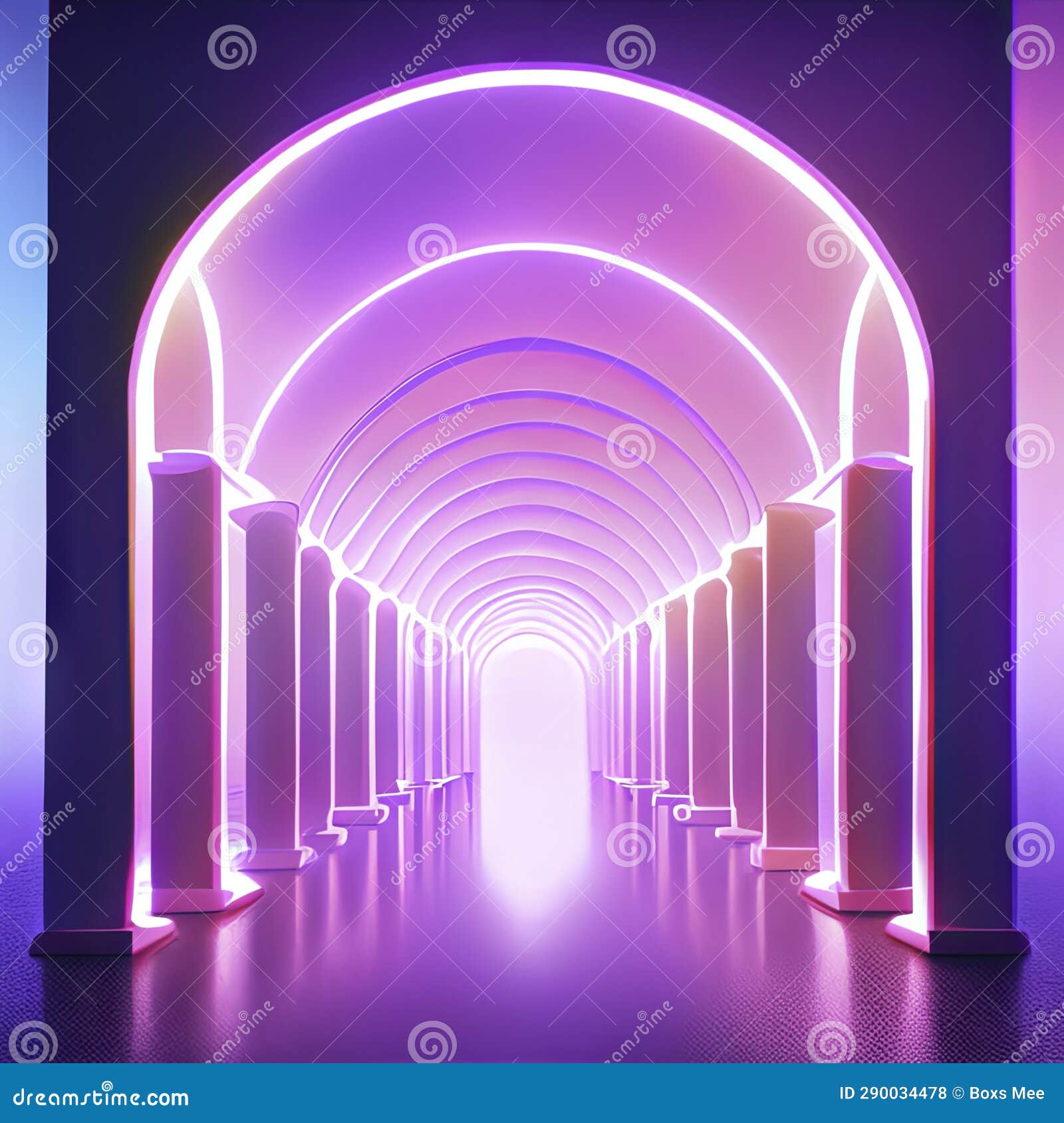 3d Render, Abstract Background with Neon Lights, Corridor with Arches ...