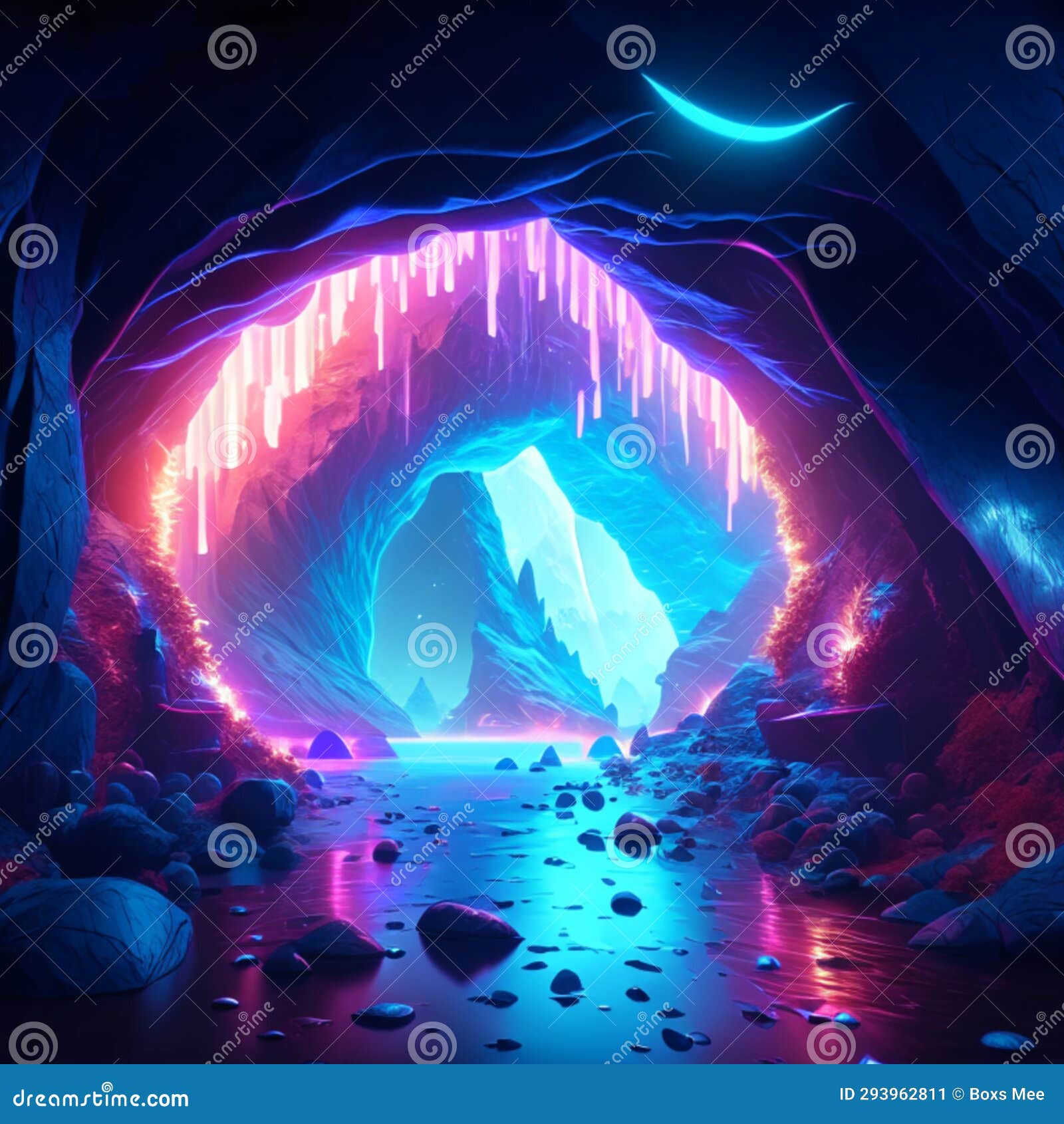 3d Render, Abstract Background with Neon Lights and Rocks in Cave. AI ...