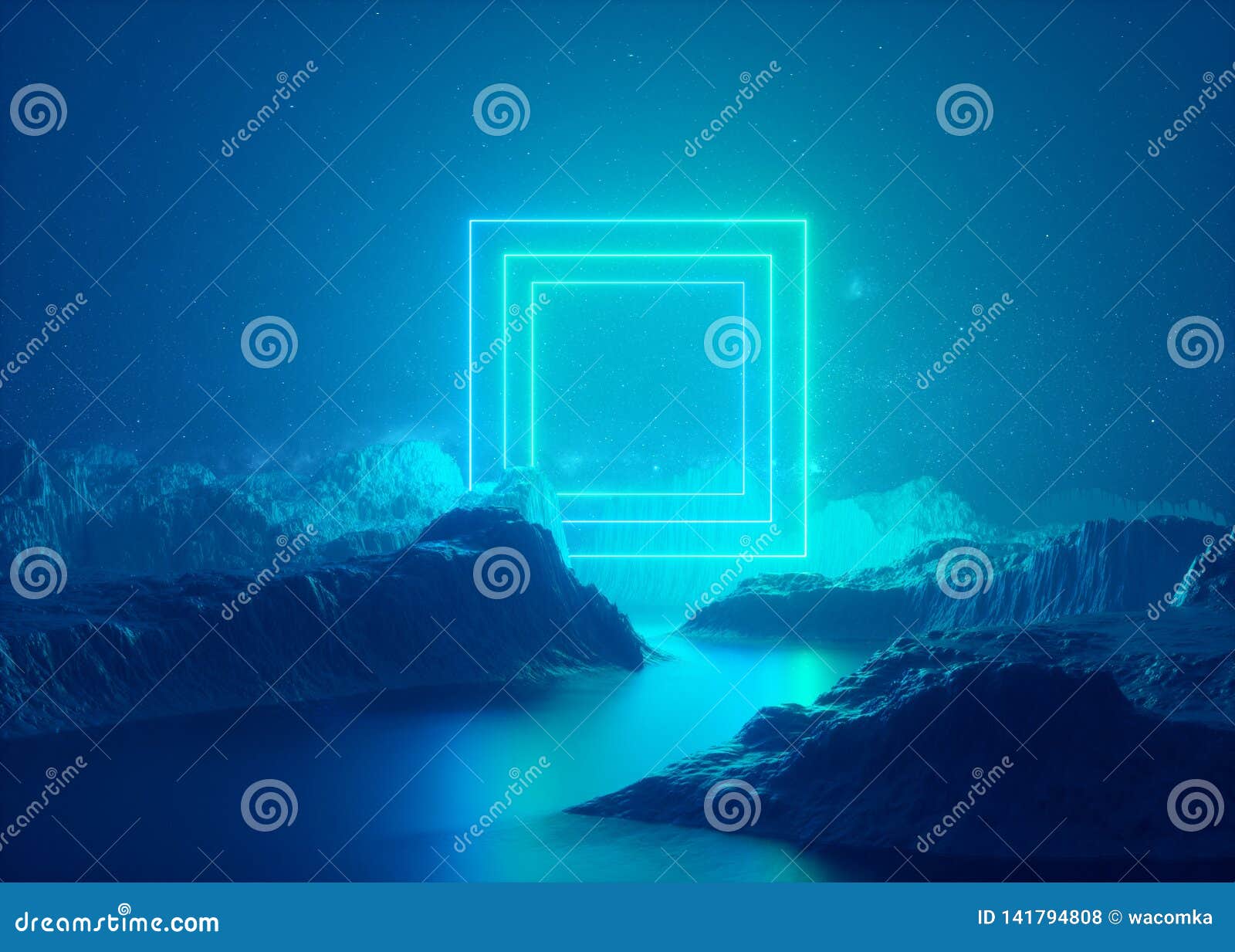 3d Render, Abstract Background, Rectangular Portal, Glowing Square ...