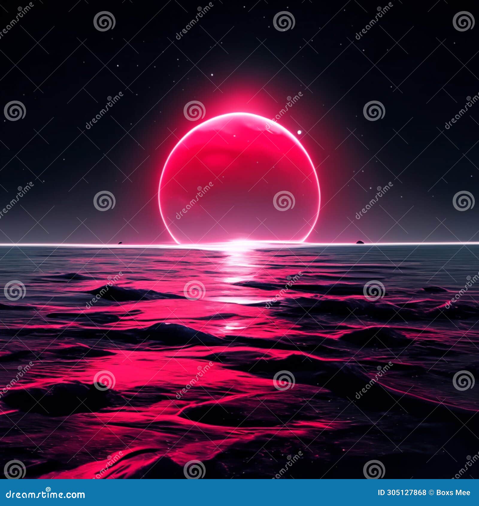 3d Render, Abstract Background with a Red Sun in the Night Sky ...