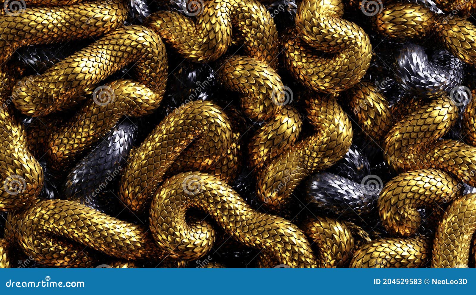 3d Render, Abstract Background with Tangled Metallic Snakes, Shiny ...