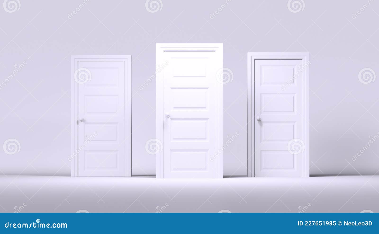 3d Render, Abstract Background with Three Closed Door in a White Room ...