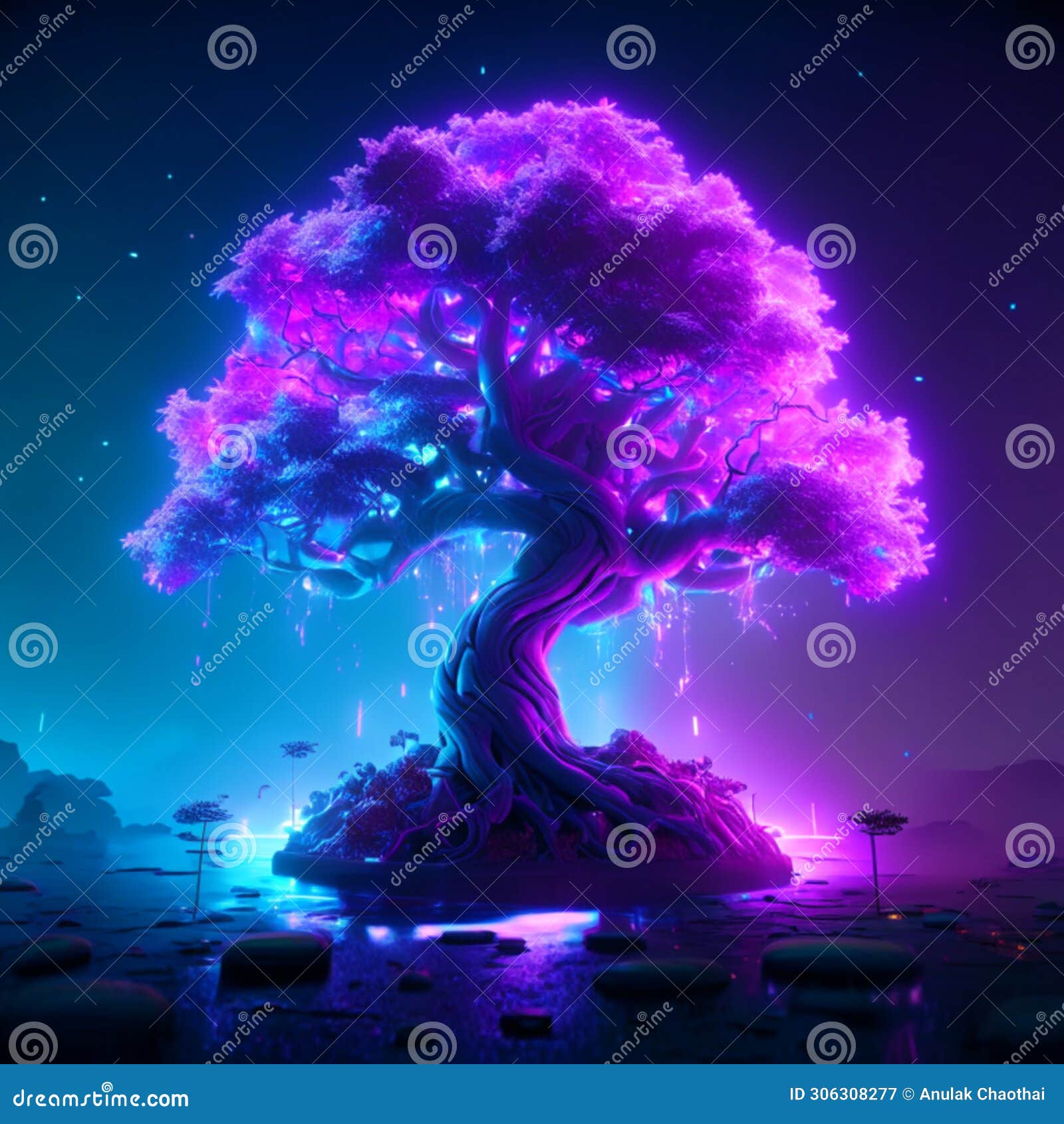 3d Render, Abstract Background with a Tree in Neon Light. AI Generated ...