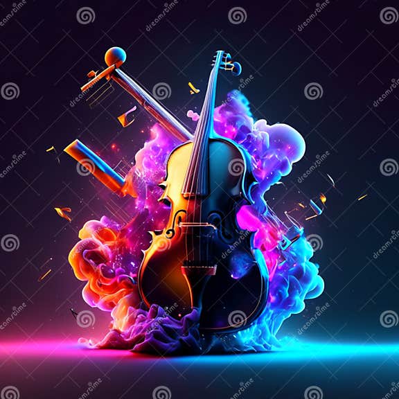 3d Render, Abstract Background with a Violin and Musical Instruments ...