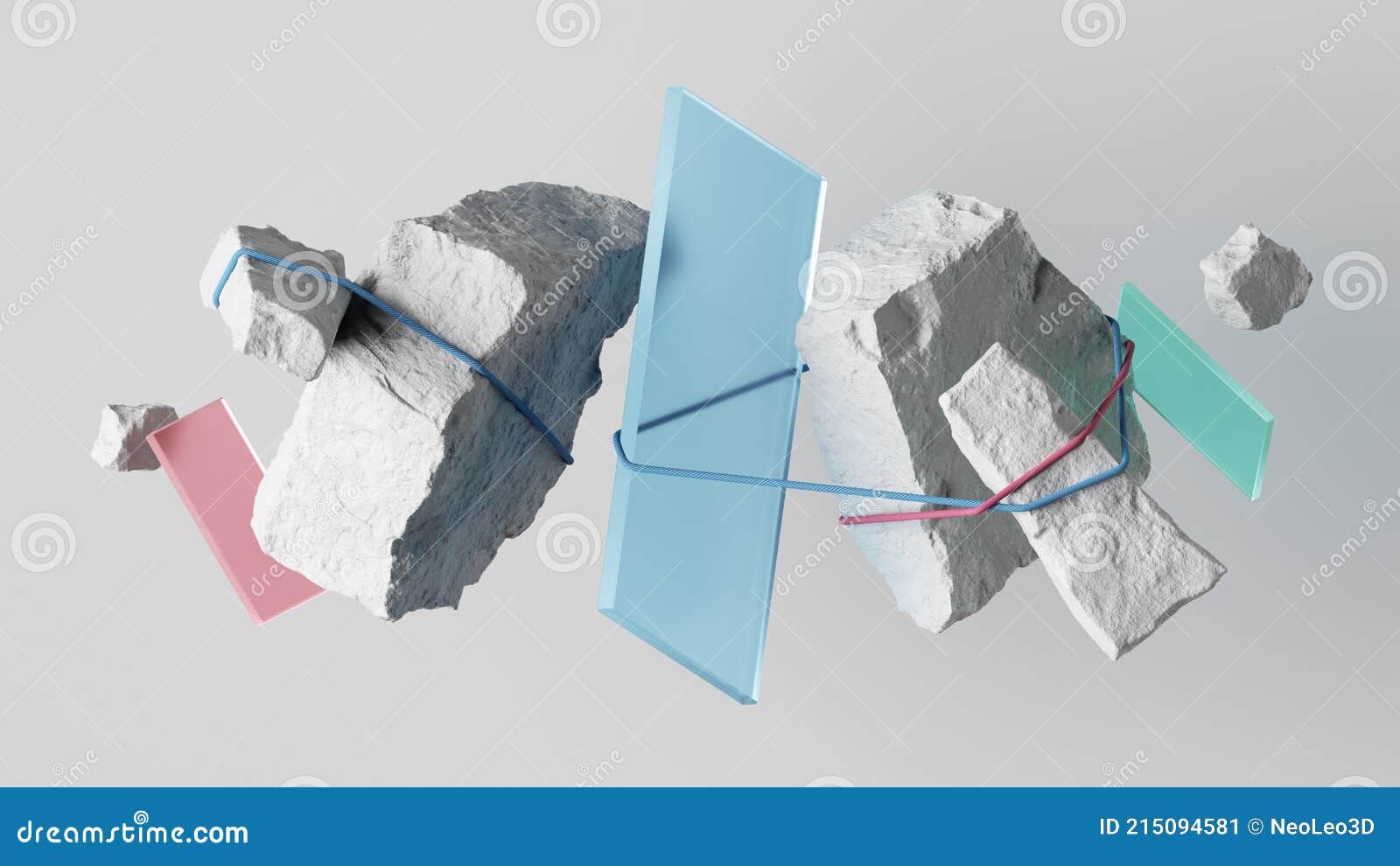 3d Render, Abstract Background with White Cobblestone Ruins and Glass ...