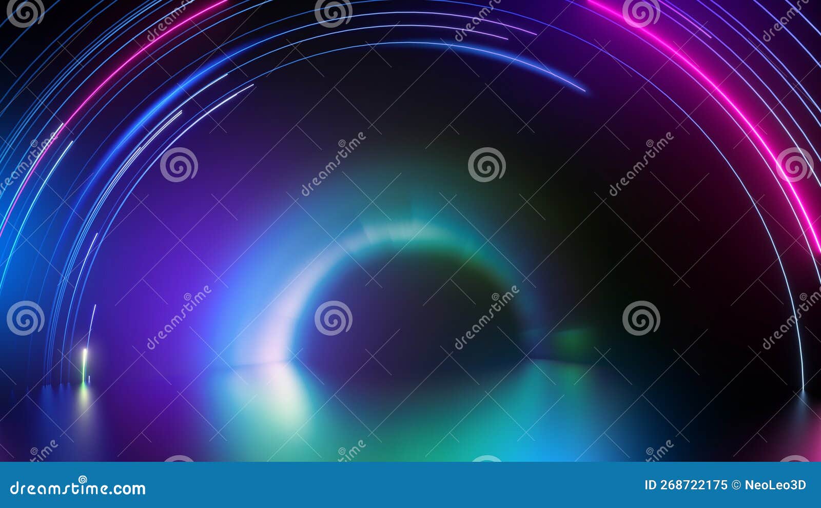 3d Render, Abstract Black Background with Blurry Neon Lines, Round Arch ...