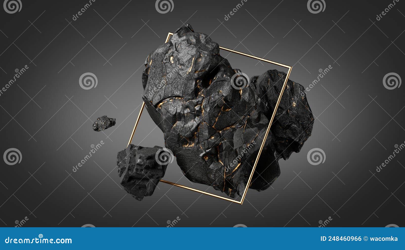 3d Render, Abstract Black Background with Levitating Stones Rocks with ...