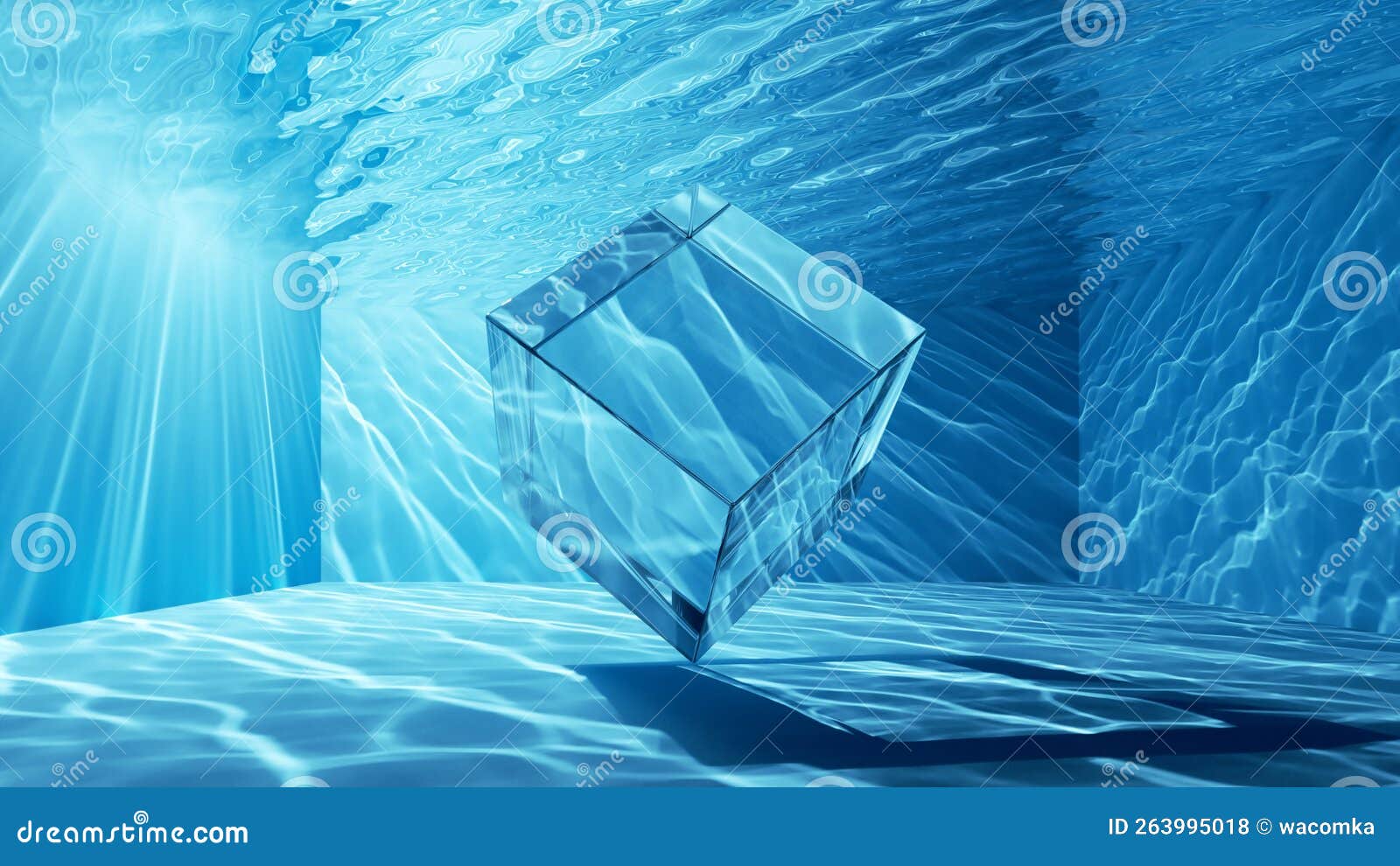 3d Render, Abstract Blue Background. Clear Glass Cube Placed Under the ...