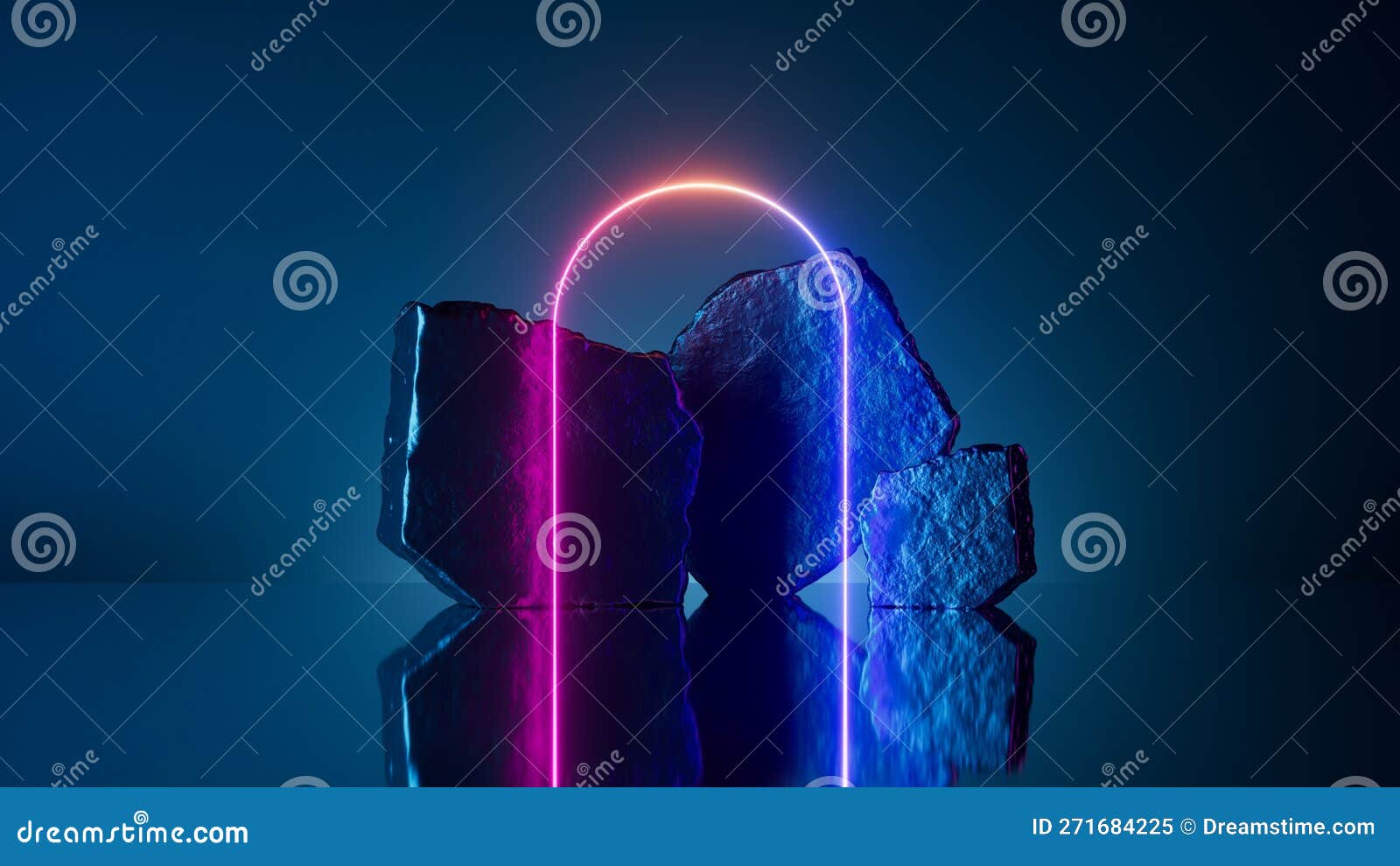 3d Render, Abstract Blue Background with Cobble Stone Rocks, Glowing ...