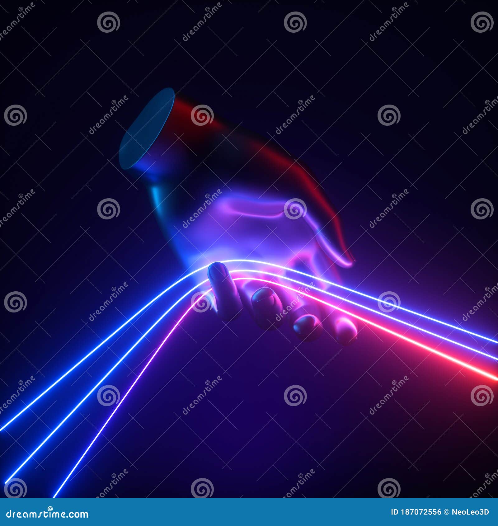 3d Render, Abstract Blue Red Neon Light Concept, Artificial Hand Holds ...