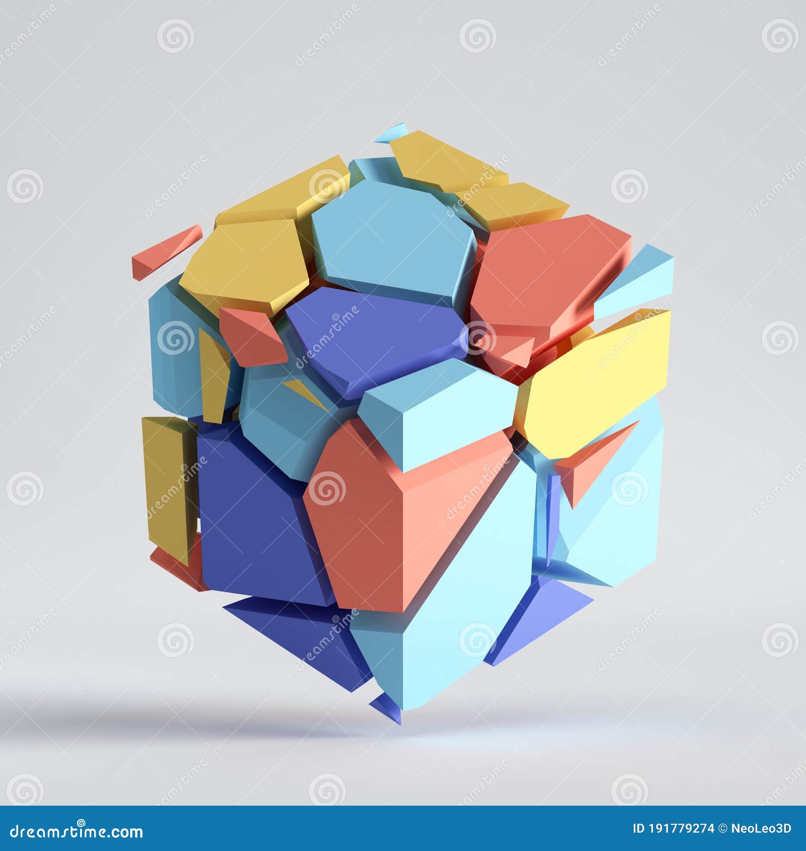 3d Render, Abstract Colorful Fragments, Broken Cube. Blue Red Yellow ...