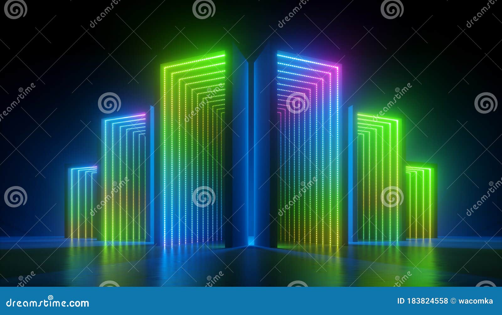 3d Render, Abstract Colorful Neon Background, Empty Boxes with Green ...