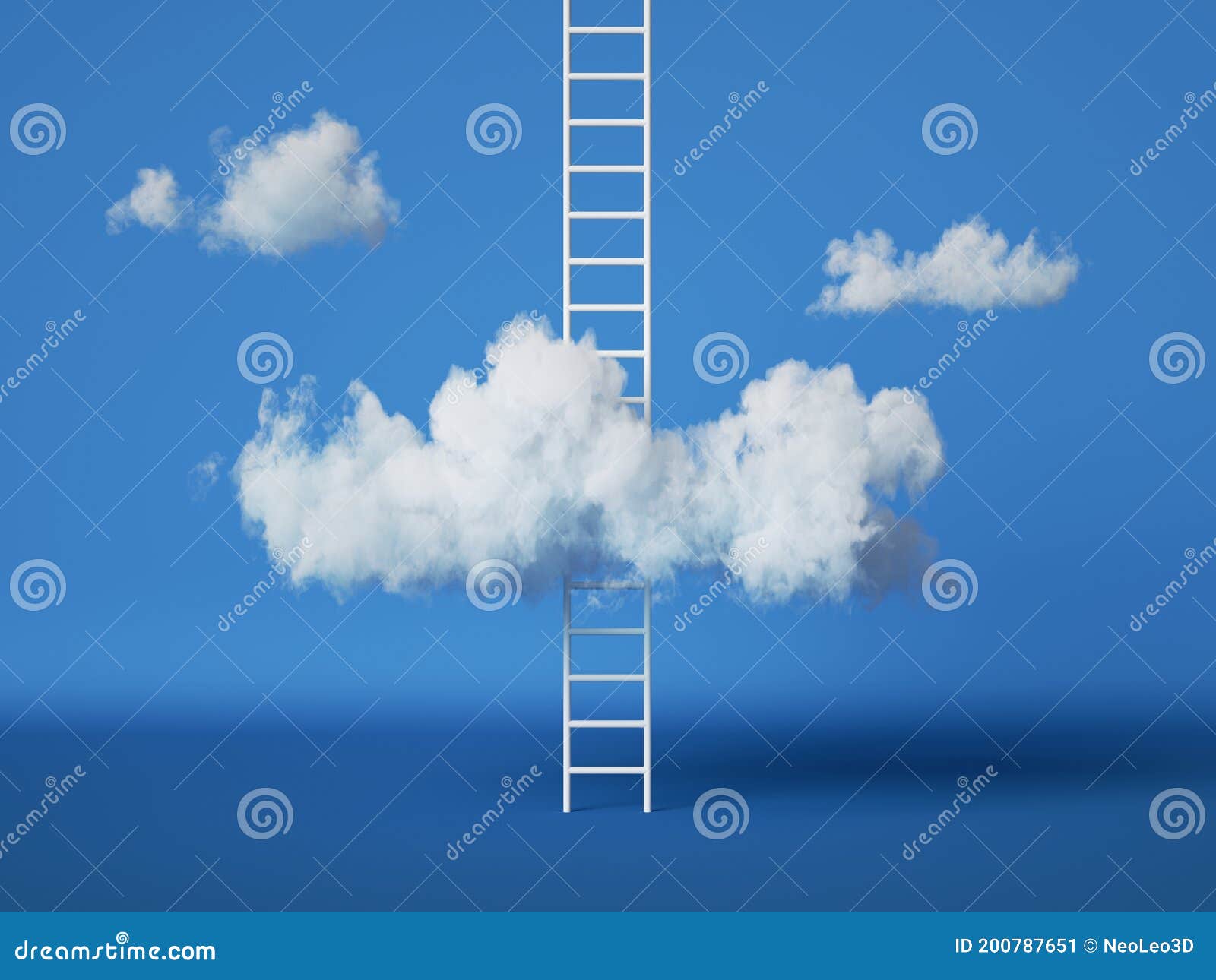 3d Render, Abstract Concept, Ladder and White Clouds Isolated on Blue ...