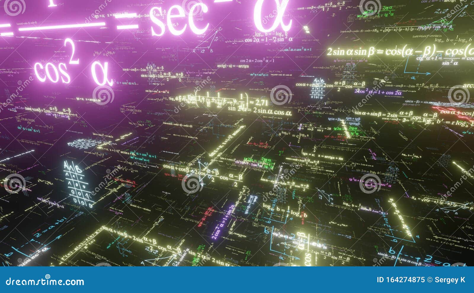 3D Render Abstract Digital Space with Mathematics Multicolored Formulas and Graphics. Big Data ...