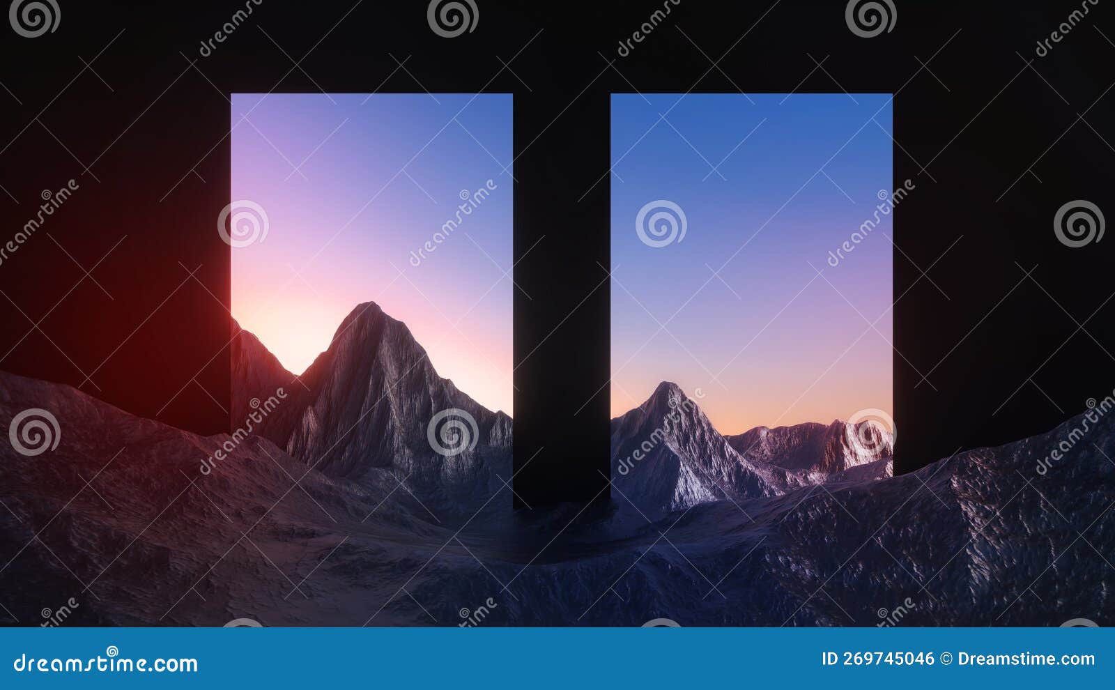 3d Render, Abstract Futuristic Panoramic Background. Landscape with ...