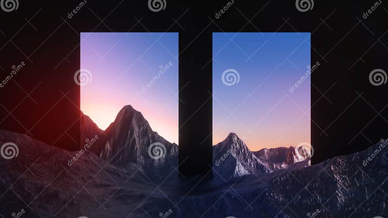 3d Render, Abstract Futuristic Panoramic Background. Landscape with ...