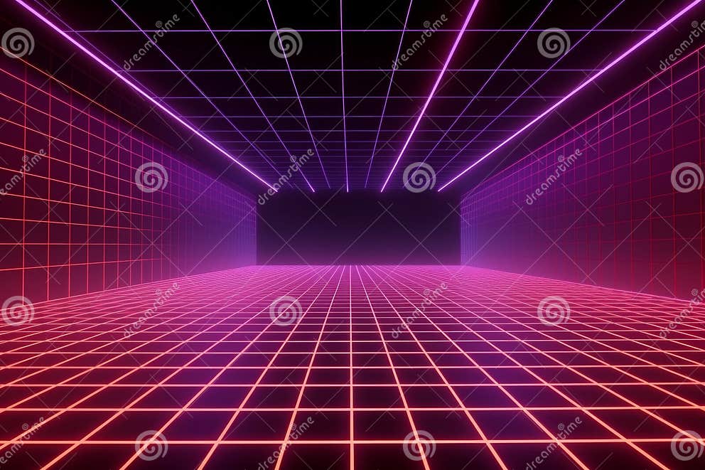 3d Render, Abstract Geometric Background, Cyber Space with Grid Inside ...
