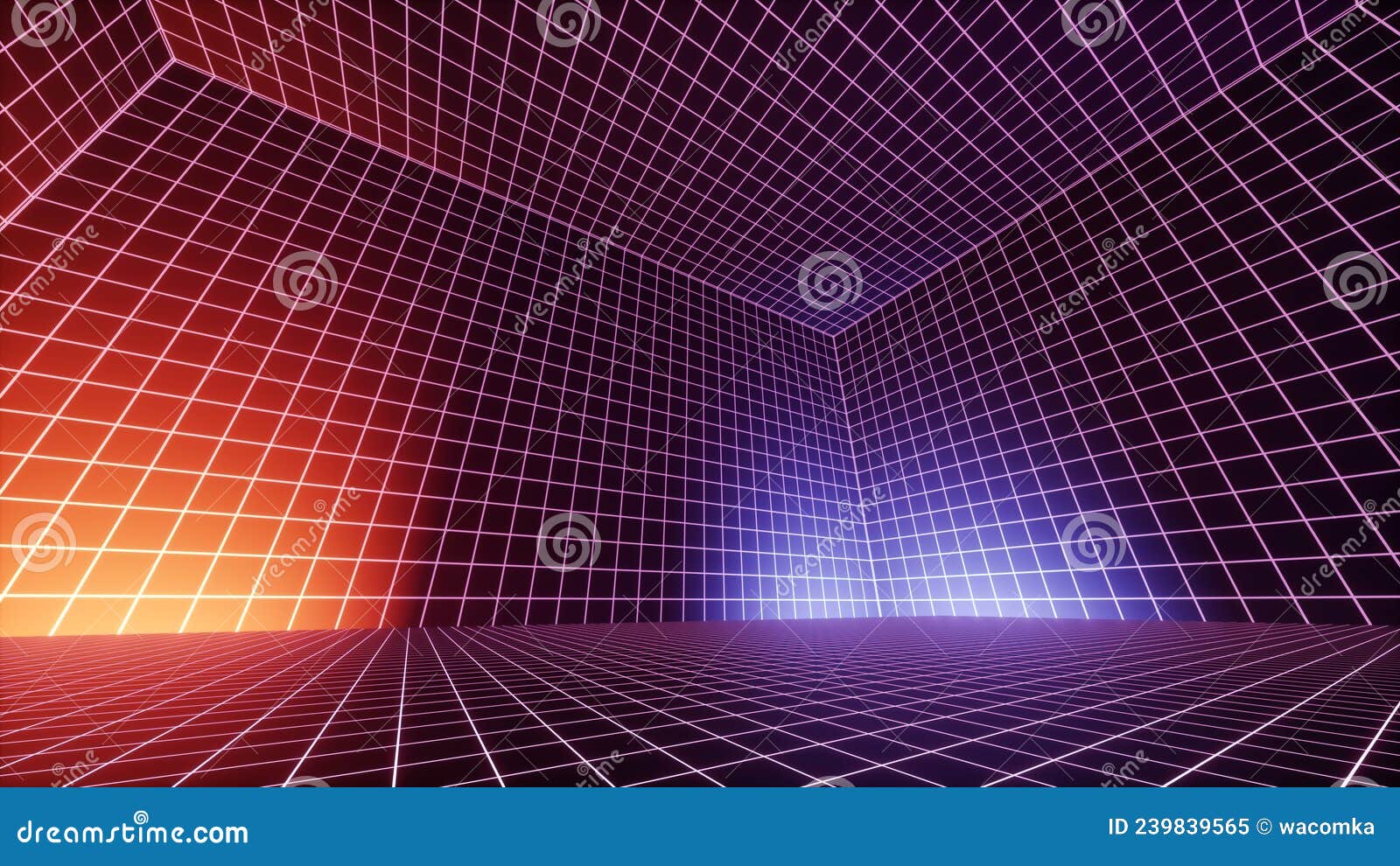 3d Render, Abstract Geometric Background, Cyber Space with Grid Inside ...