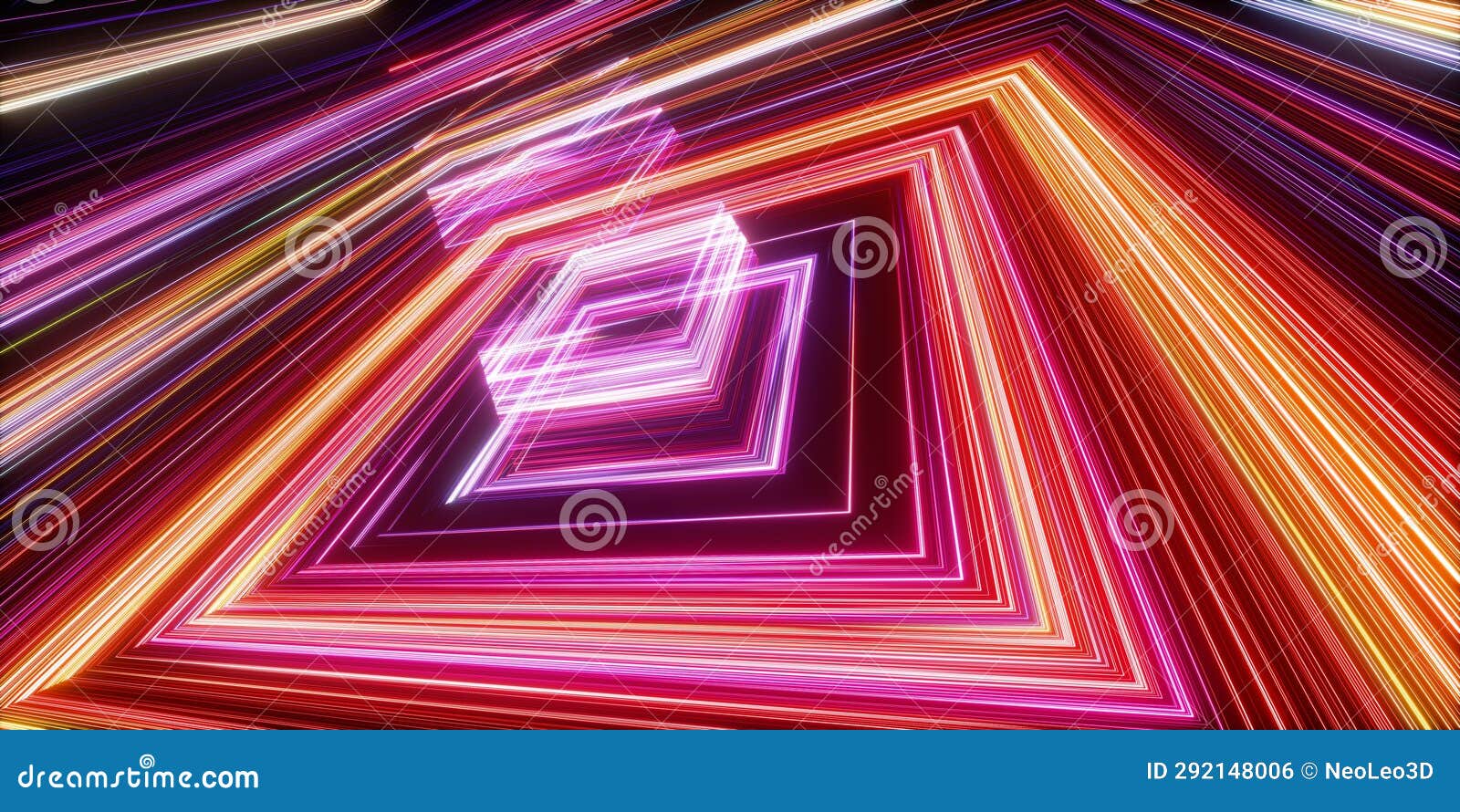 3d Render. Abstract Geometric Background of Glowing Square Neon Frames ...