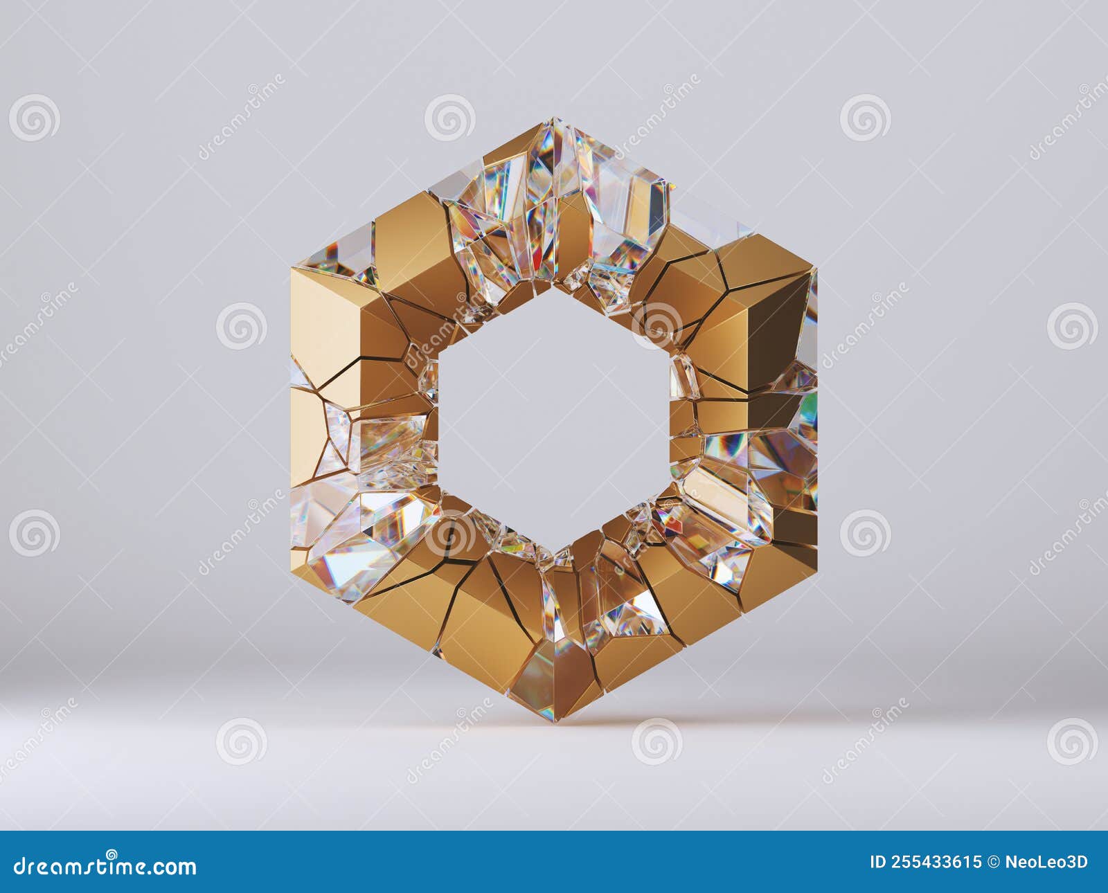 3d Render, Abstract Geometric Hexagon Shape, Gold and Crystal Glass ... 3d Render, Abstract Geometric Hexagon Shape, Gold and Crystal Glass ...