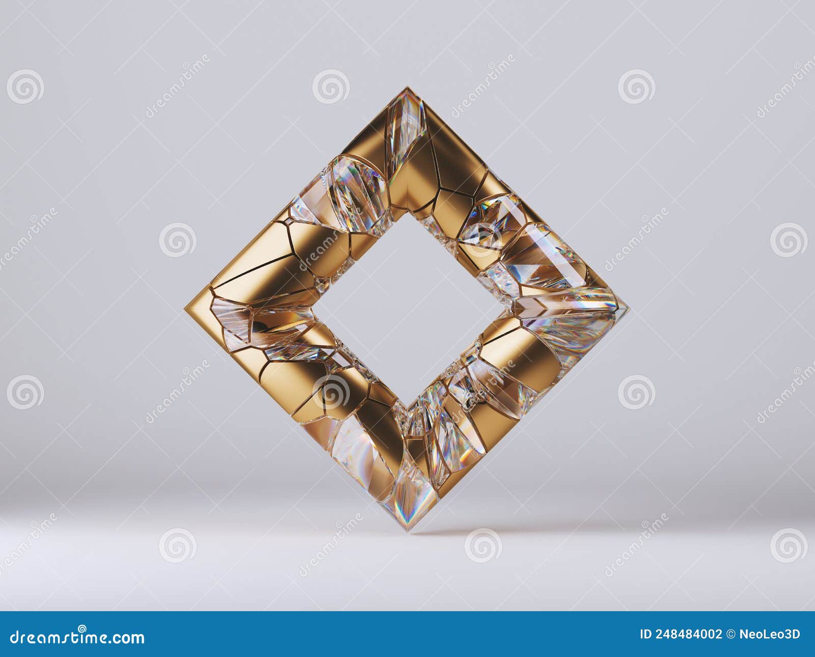 3d Render, Abstract Geometric Rhombus Shape, Gold and Crystal Glass ...