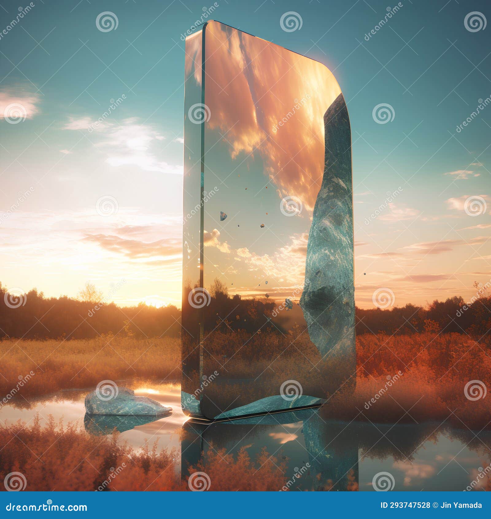 3d Render of Abstract Glass Cube in the Field at Sunset. Stock ...