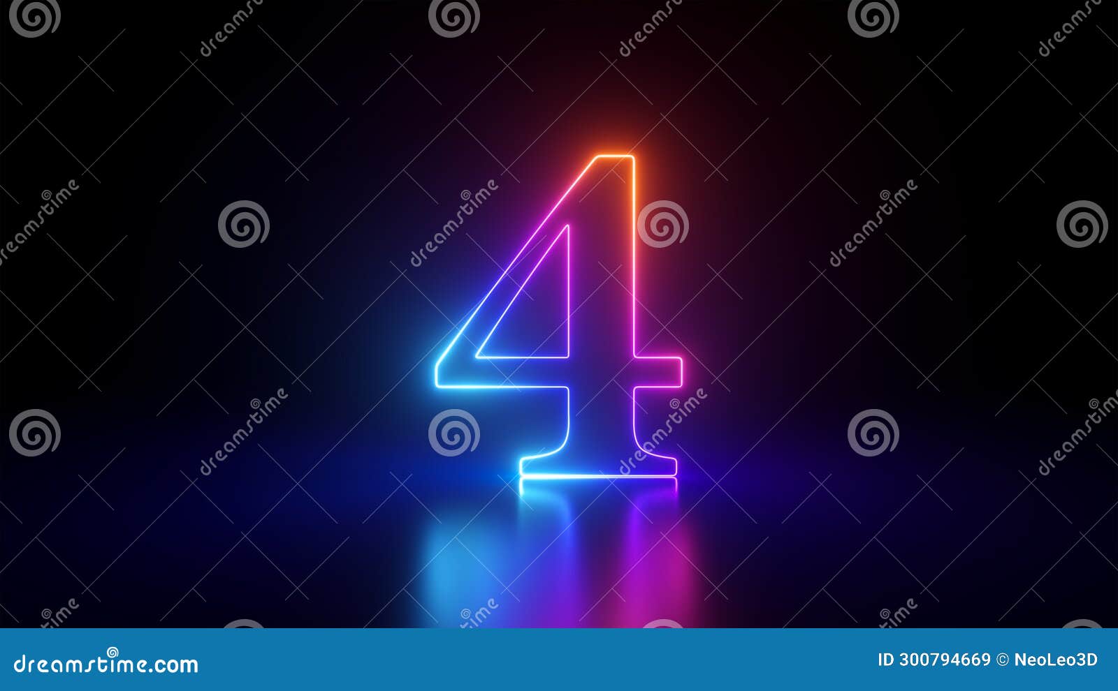 3d Render, Abstract Linear Neon Number Four, Glowing Digit Isolated on ...