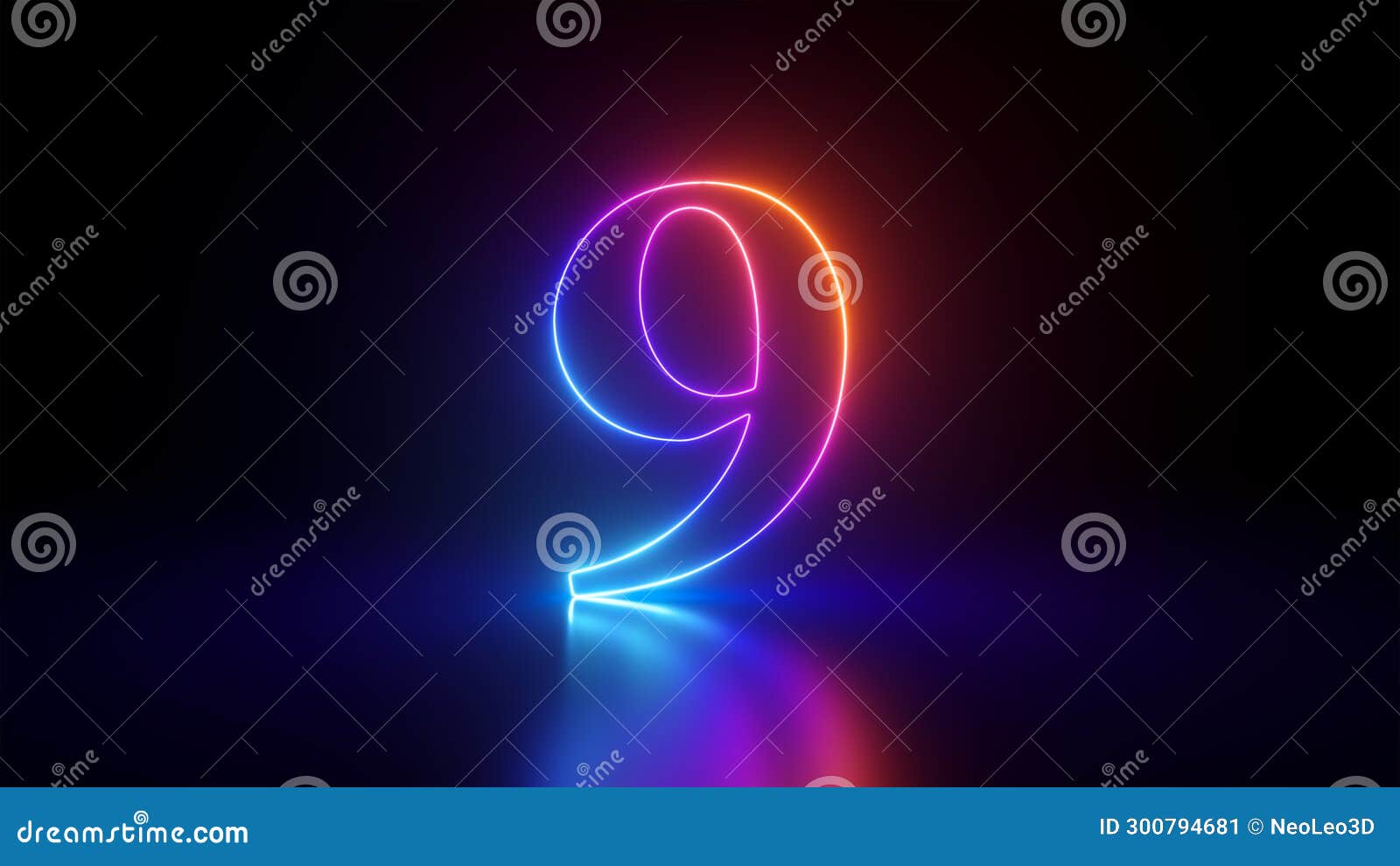 3d Render, Abstract Linear Neon Number Nine, Glowing Digit Isolated on ...